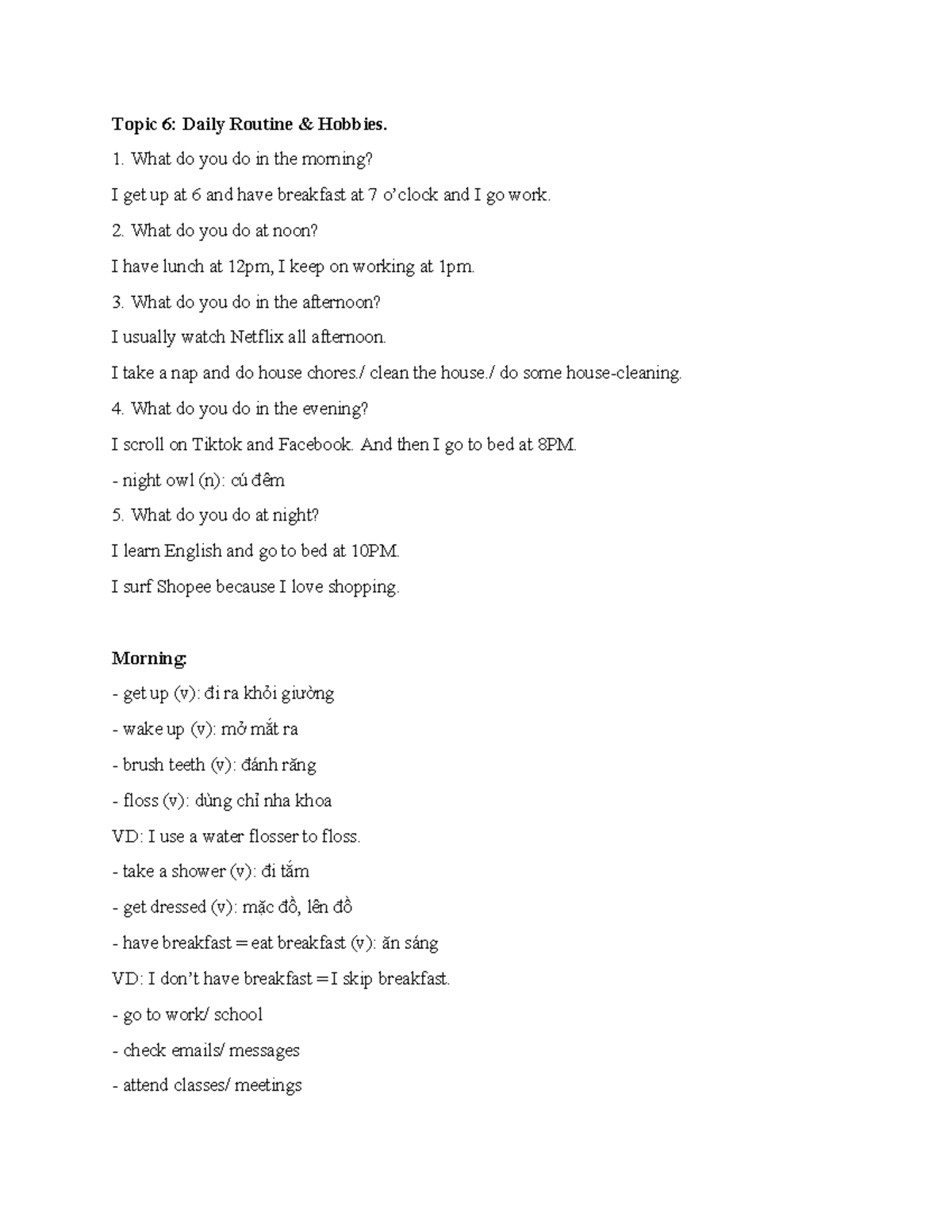 Topic 6: Daily Routine & Hobbies - Practice Notes - Studocu