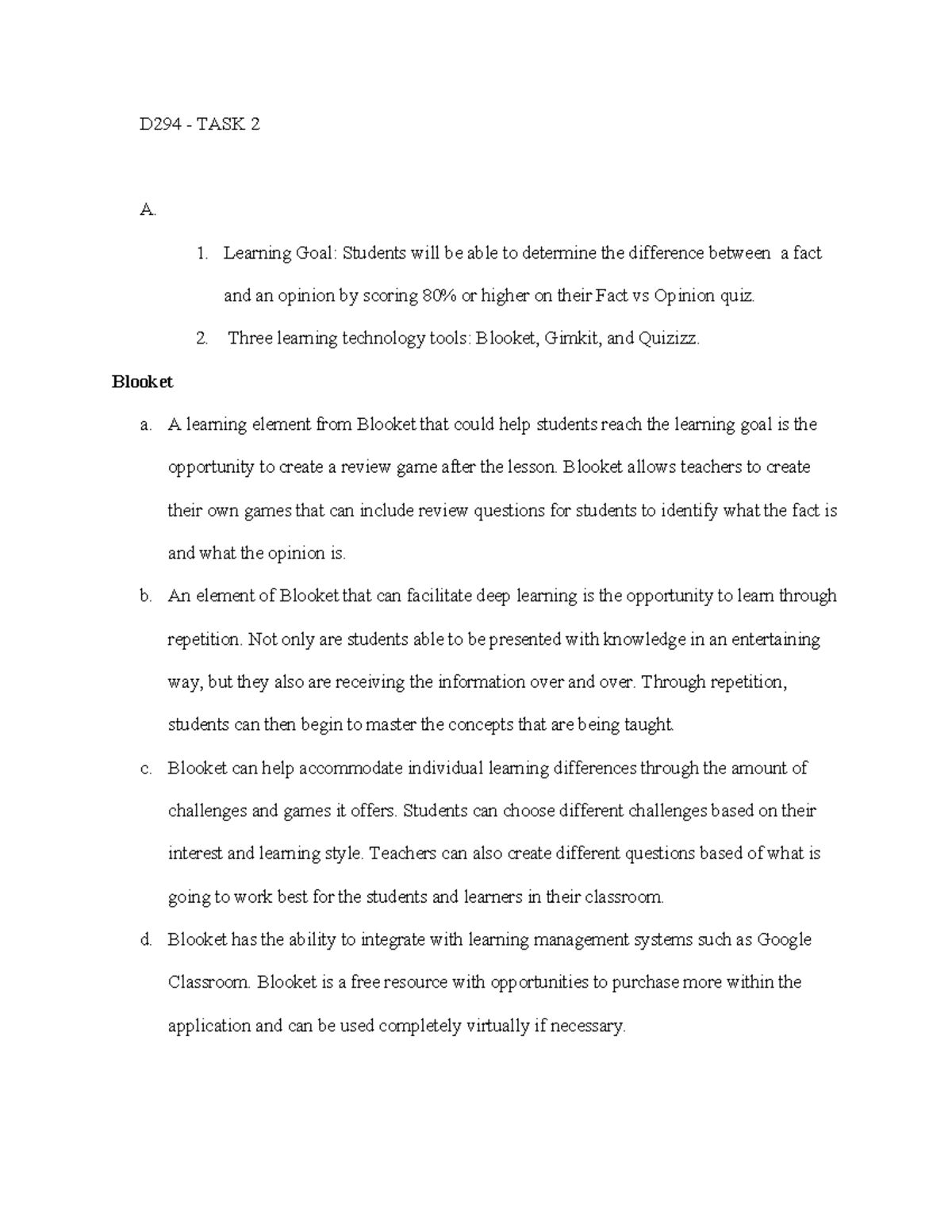D294 - Task 2: Enhancing Learning with Blooket and Gimkit Tools - Studocu