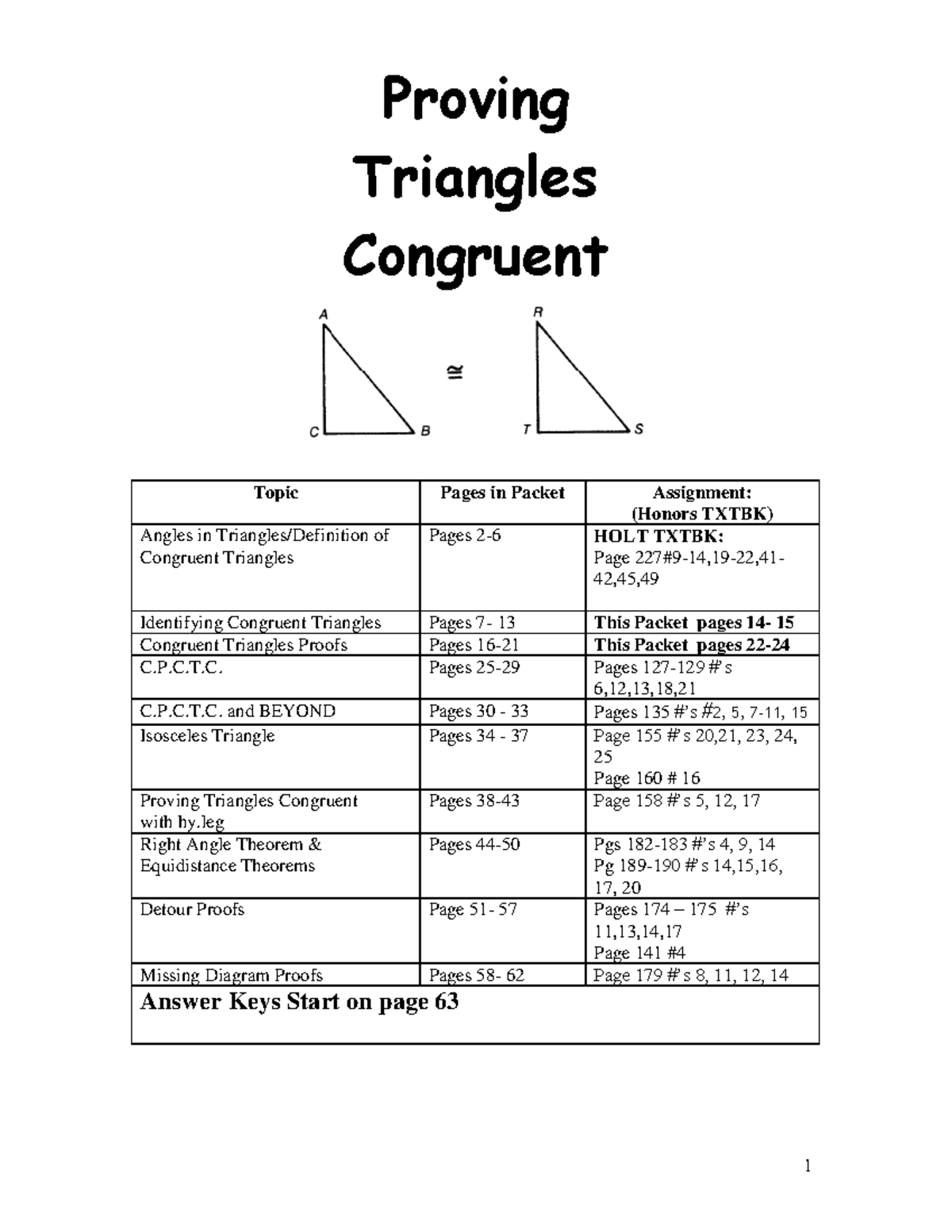 Congruent Triangles Packet 2013: Proofs & Solutions Guide - Studocu