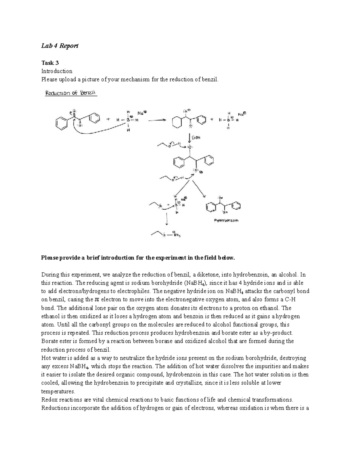 Lab 4 CHM 1321: Reduction of Benzil to Hydrobenzoin Report - Studocu