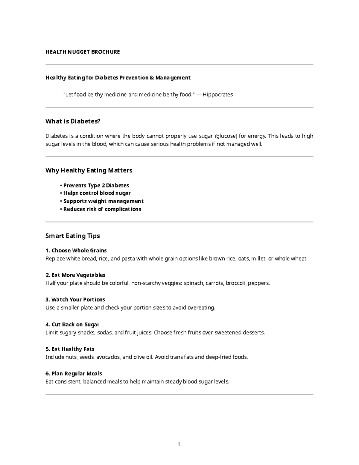 HEALTH NUGGET BROCHURE: Healthy Eating for Diabetes Management - Studocu