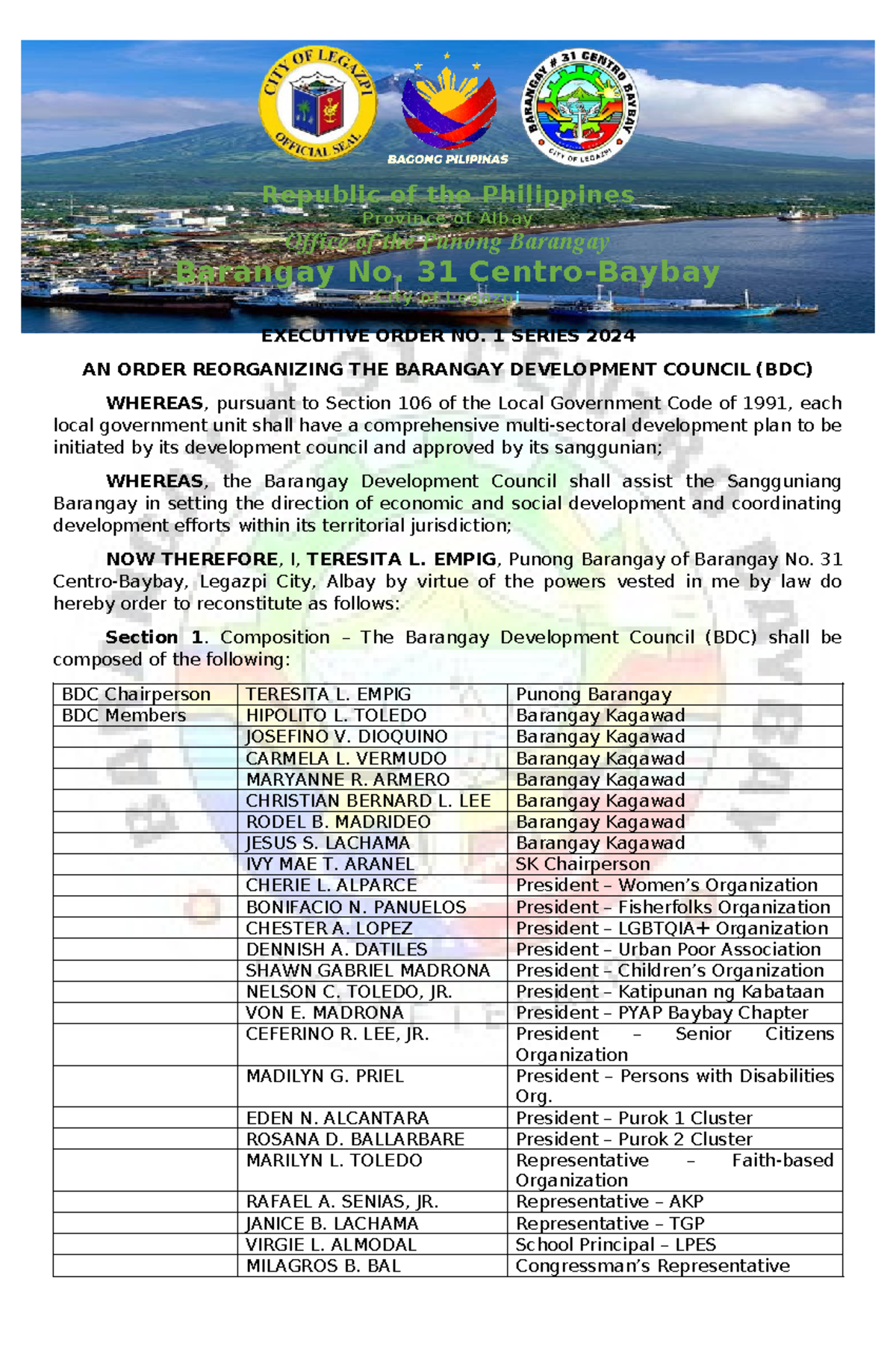 EO 1-2024: Reorganization of the Barangay Development Council (BDC ...