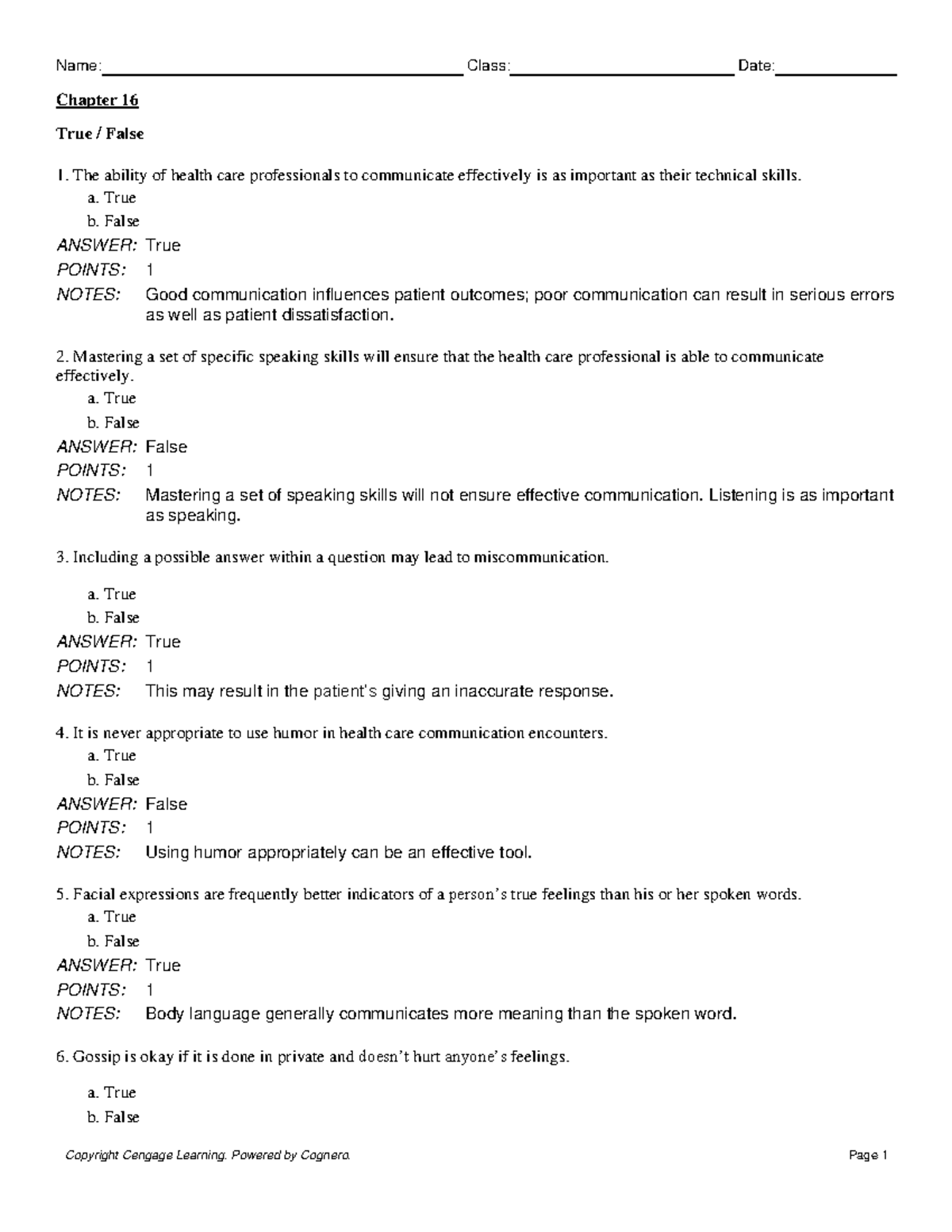 **HCS 101: Chapter 16 Communication True/False & Multiple Choice Review** - Studocu