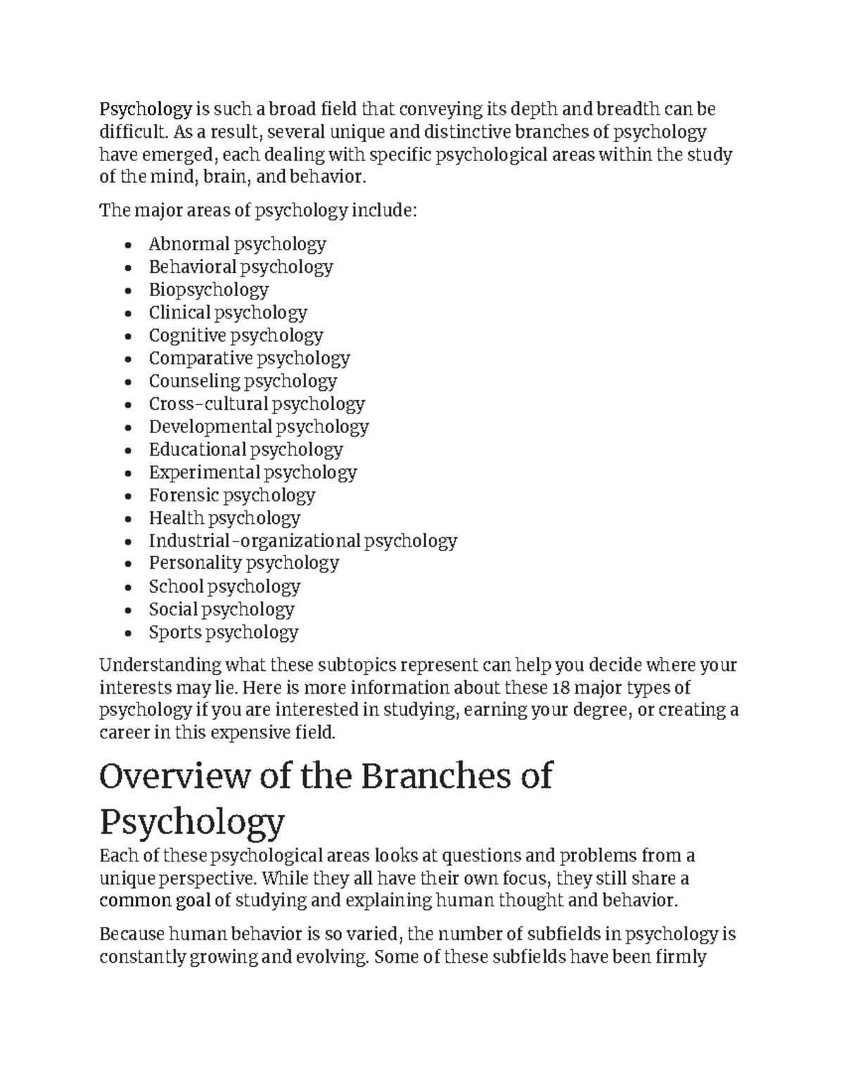 Branches of Psychology Notes - Psychology is such a broad field that ...