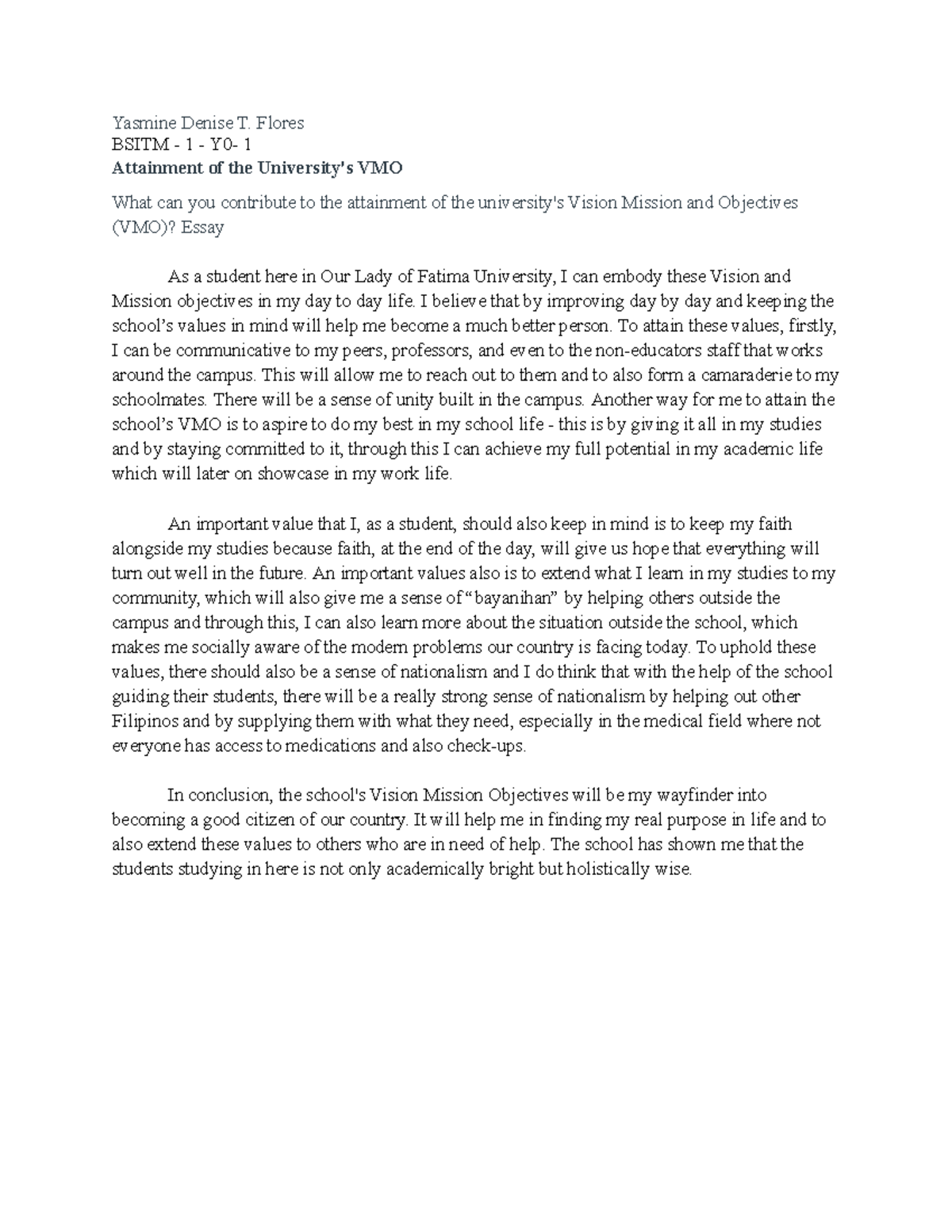 VRTS 113 Essay on Contributing to the University's VMO - Studocu