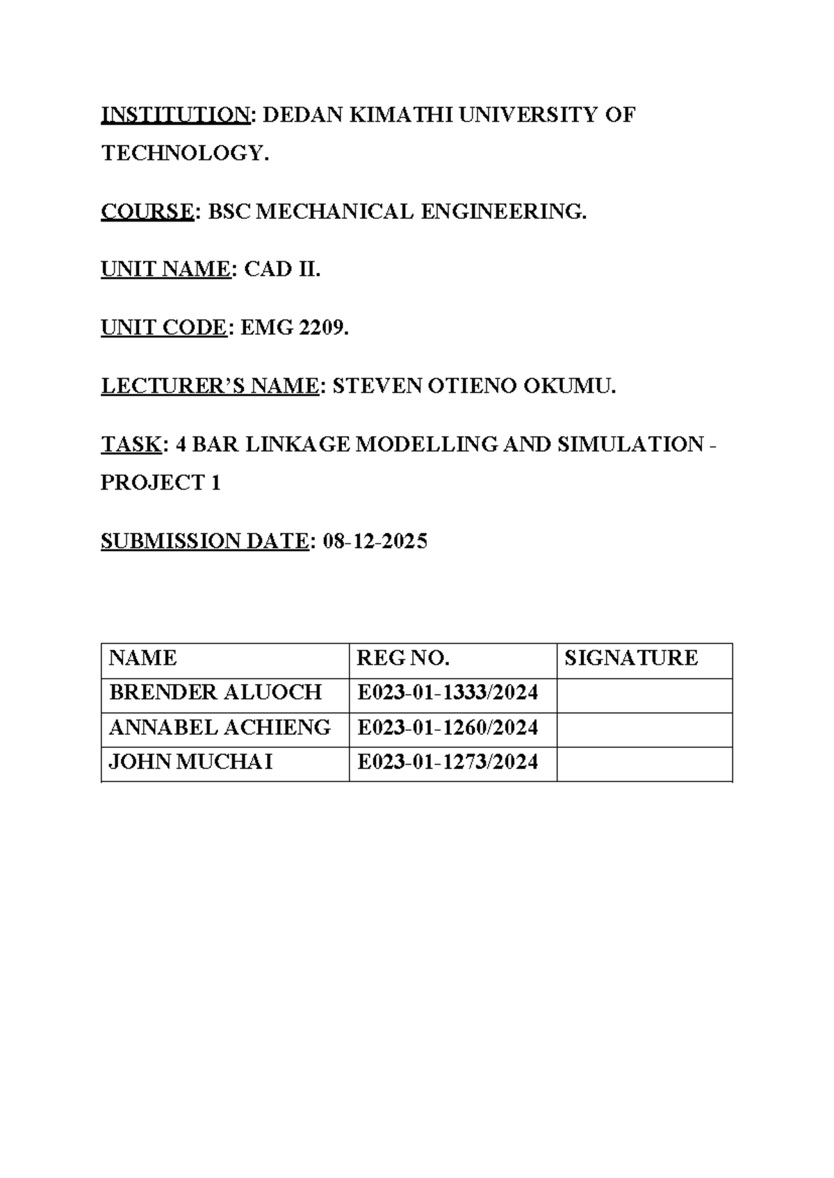 CAD II EMG 2209: Quick Return Mechanism Modelling & Simulation Report ...