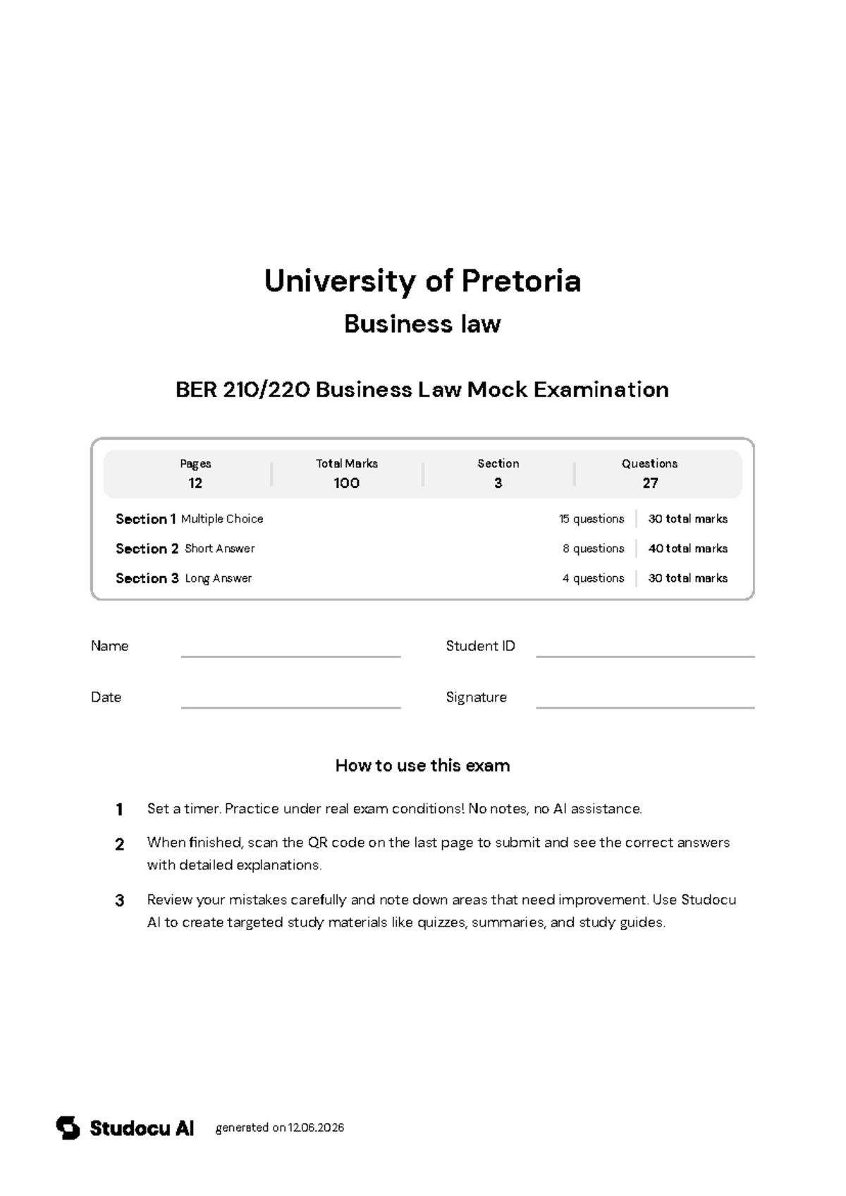 BER 210/220 Business Law Mock Exam - Studocu