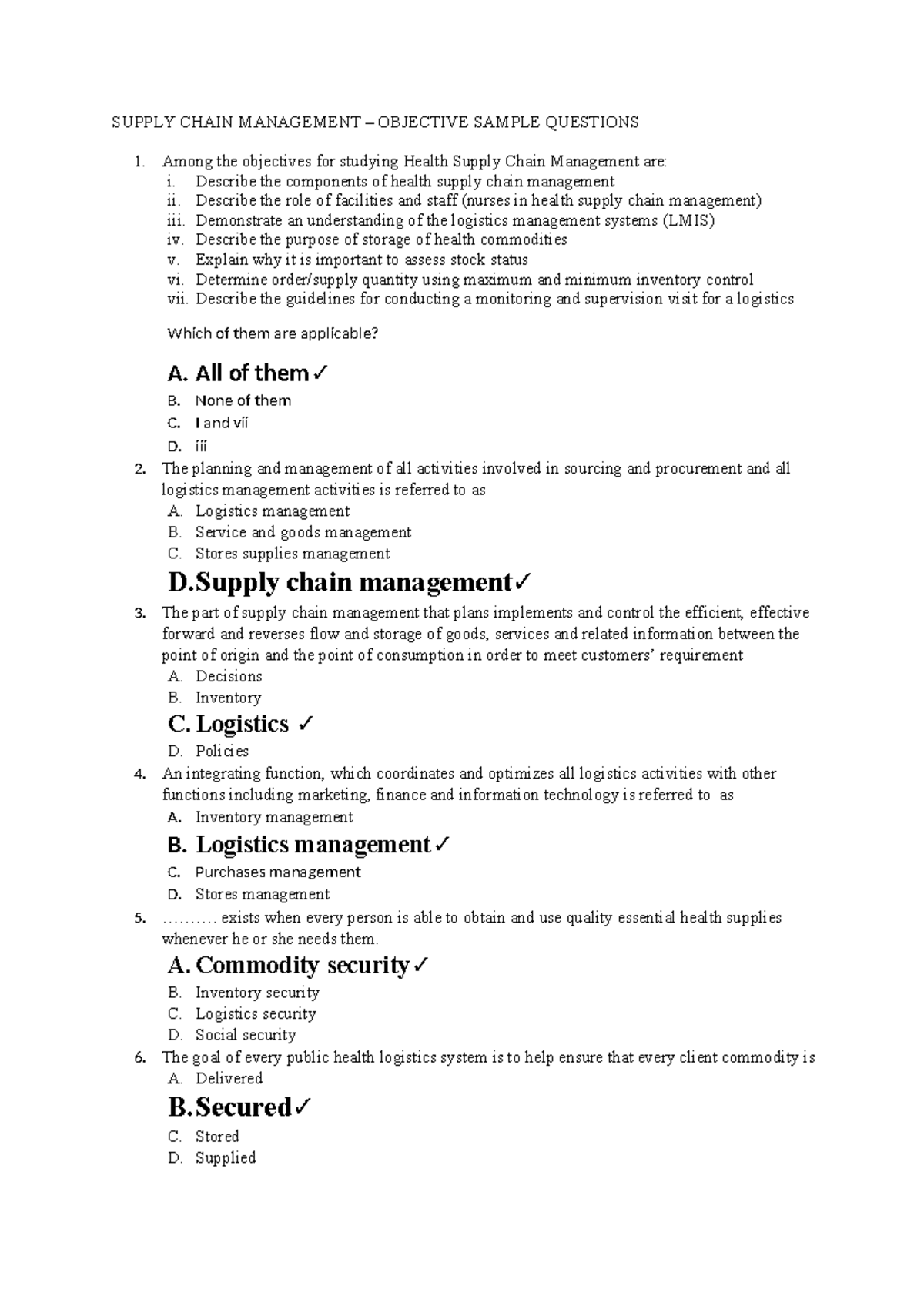 Supply Chain Management (SCM) Objective Sample Questions - Studocu