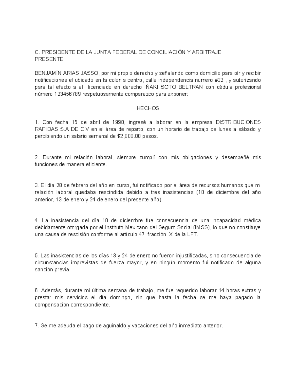 Demanda Laboral por Despido Injustificado - Benjamín Arias Jasso - Studocu