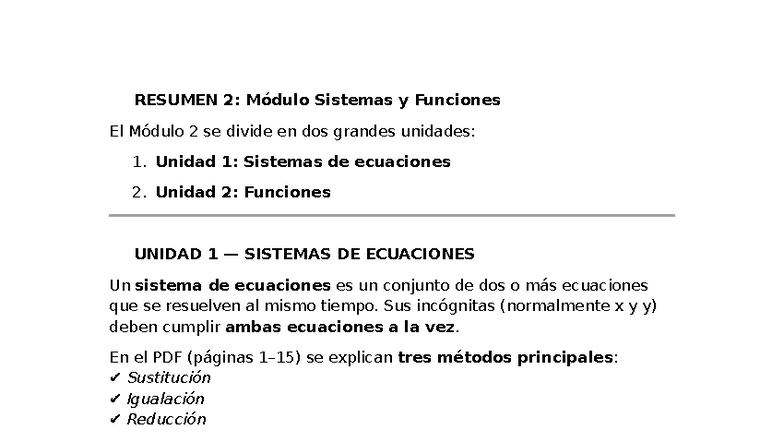 Resumen Módulo 2: Sistemas y Funciones en Álgebra - Studocu