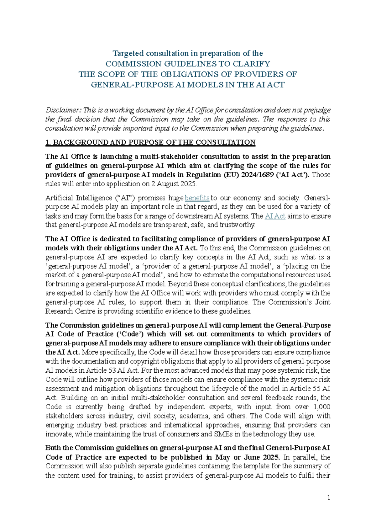 GPAI Guidelines Consultation: Clarifying AI Model Provider Obligations ...