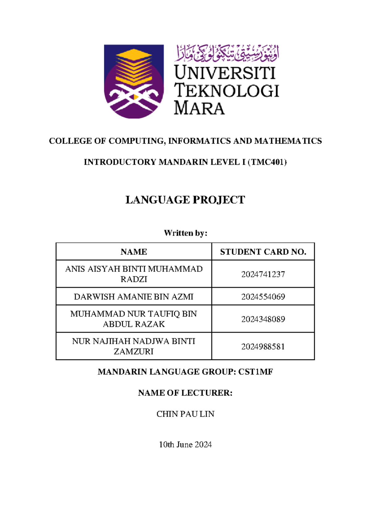 Language Project for Introductory Mandarin Level I (TMC401) - Studocu