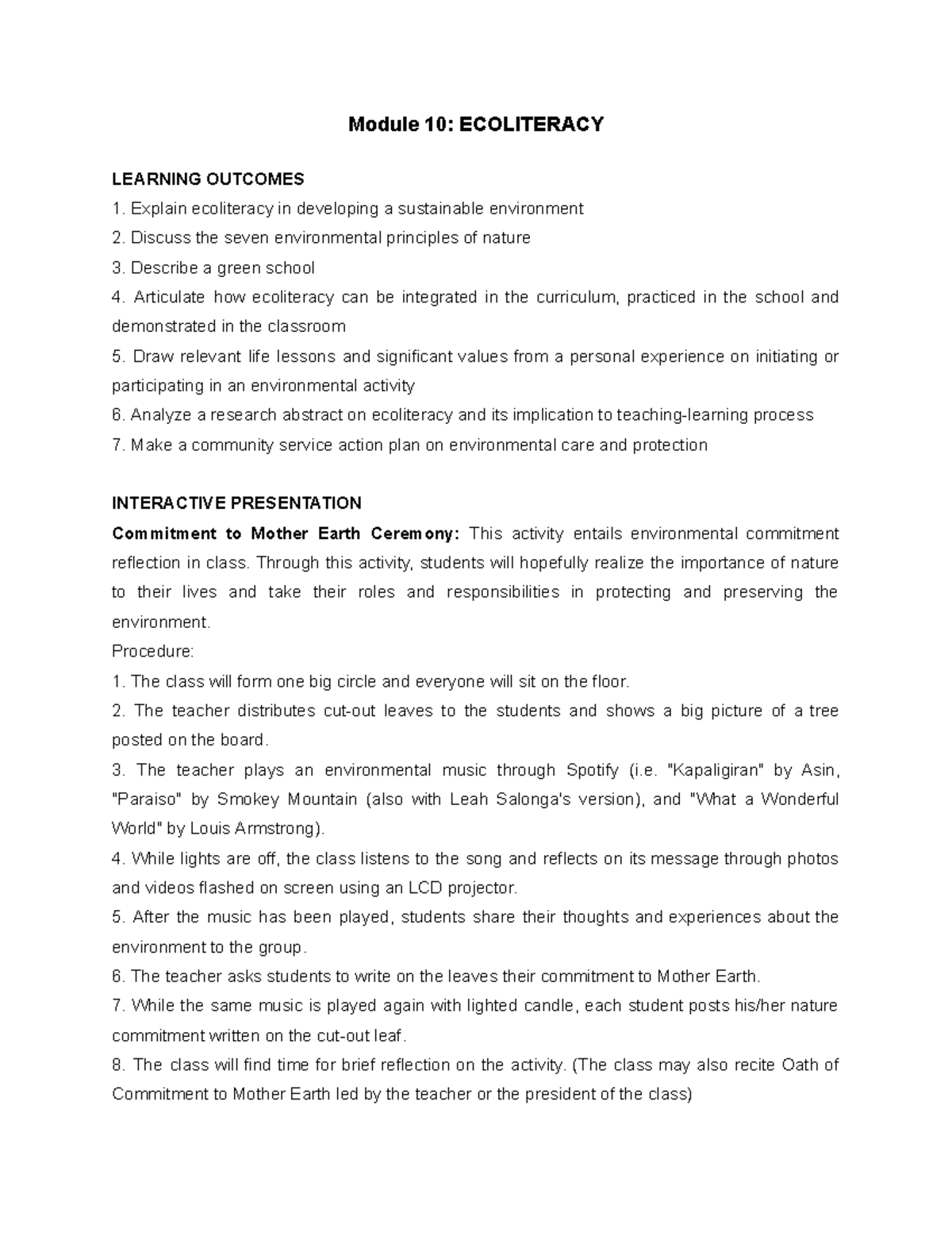 Module 10: Ecoliteracy and Sustainable Development Insights - Studocu