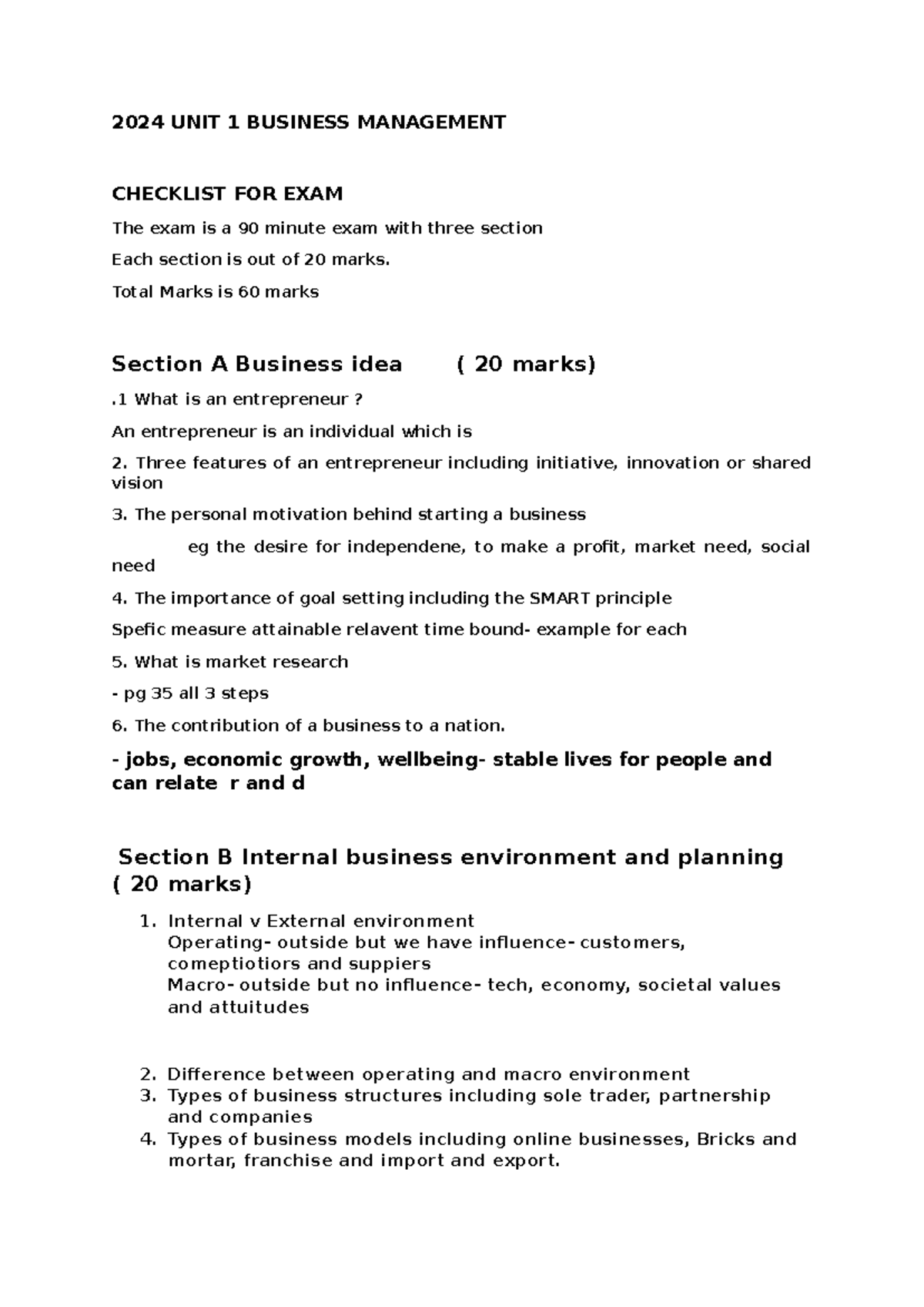 Unit 1 BM Exam Checklist: Key Topics & Sections Overview - Studocu