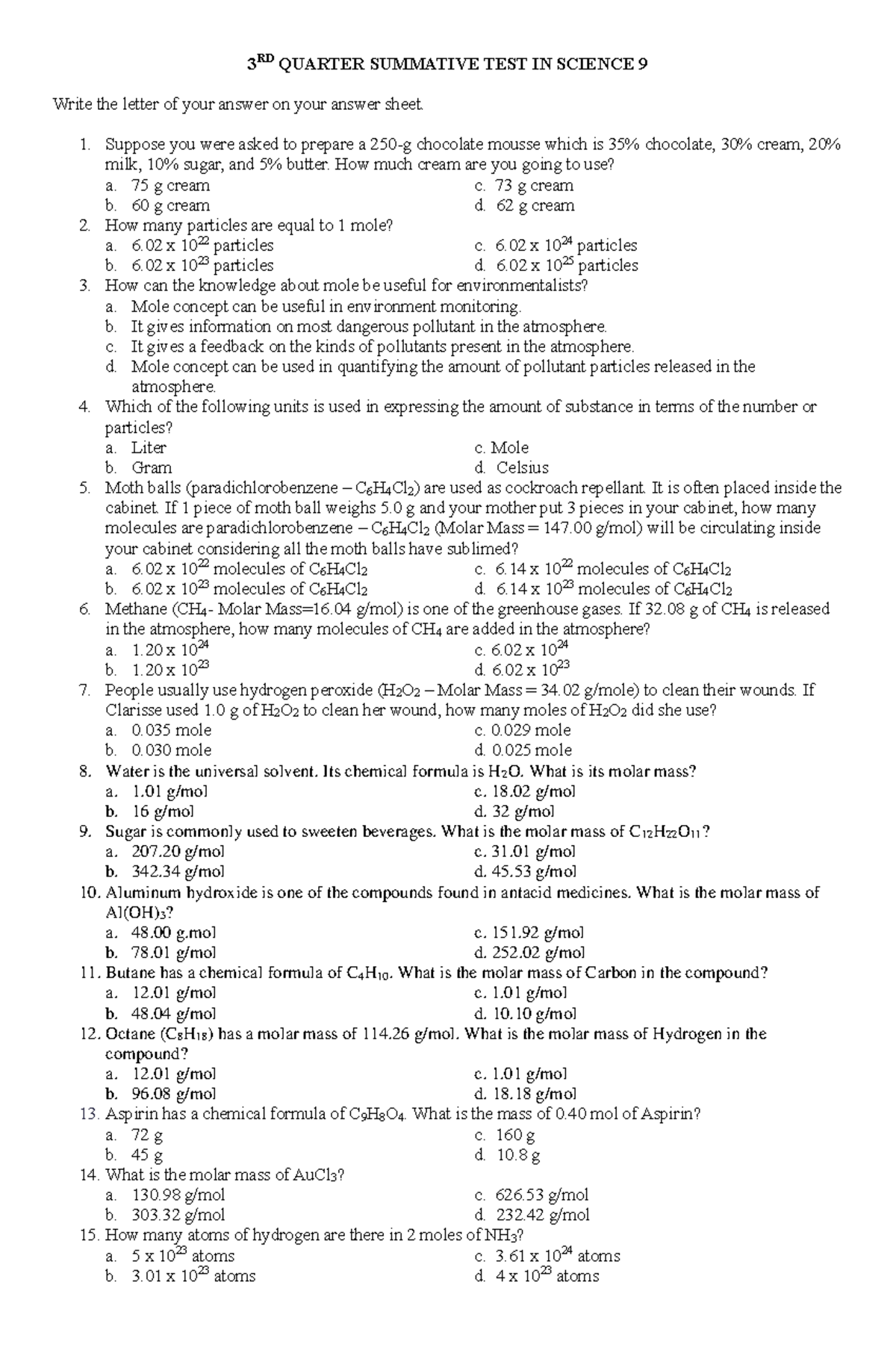 summative test science 9 - 3 RD QUARTER SUMMATIVE TEST IN SCIENCE 9 ...