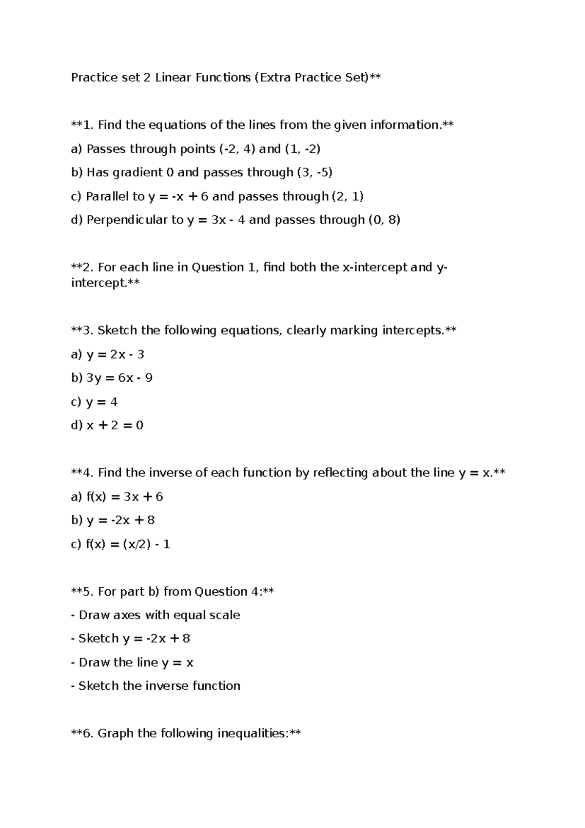 Practice Set 2: Linear Functions & Inverse Functions Exercises - Studocu