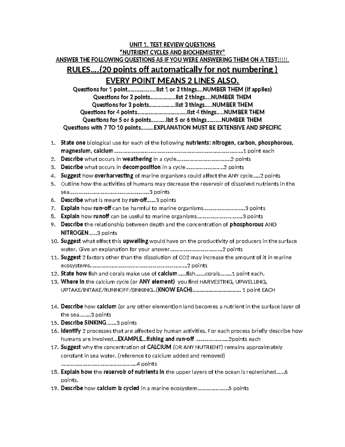 Test Review Questions - UNIT 1: Cycles and Nutrient Dynamics - Studocu