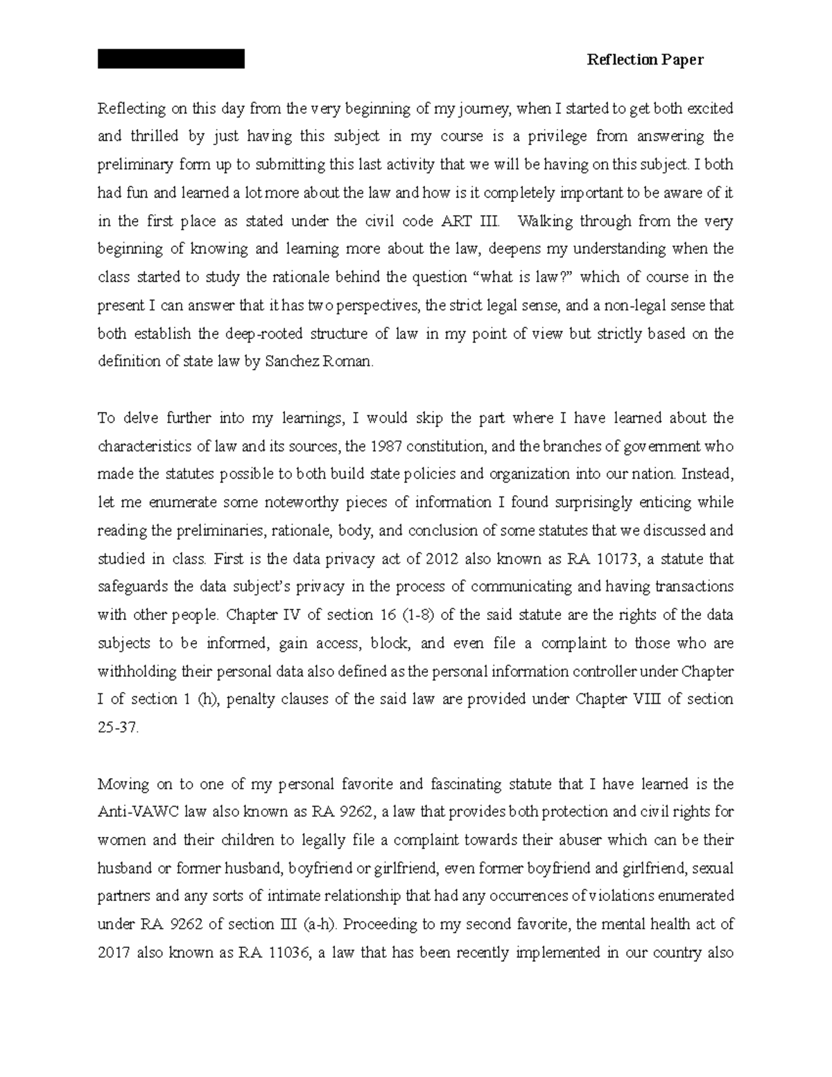 Law Reflection paper - Grade: A+ - Arce, Angel A. Reflection Paper ...