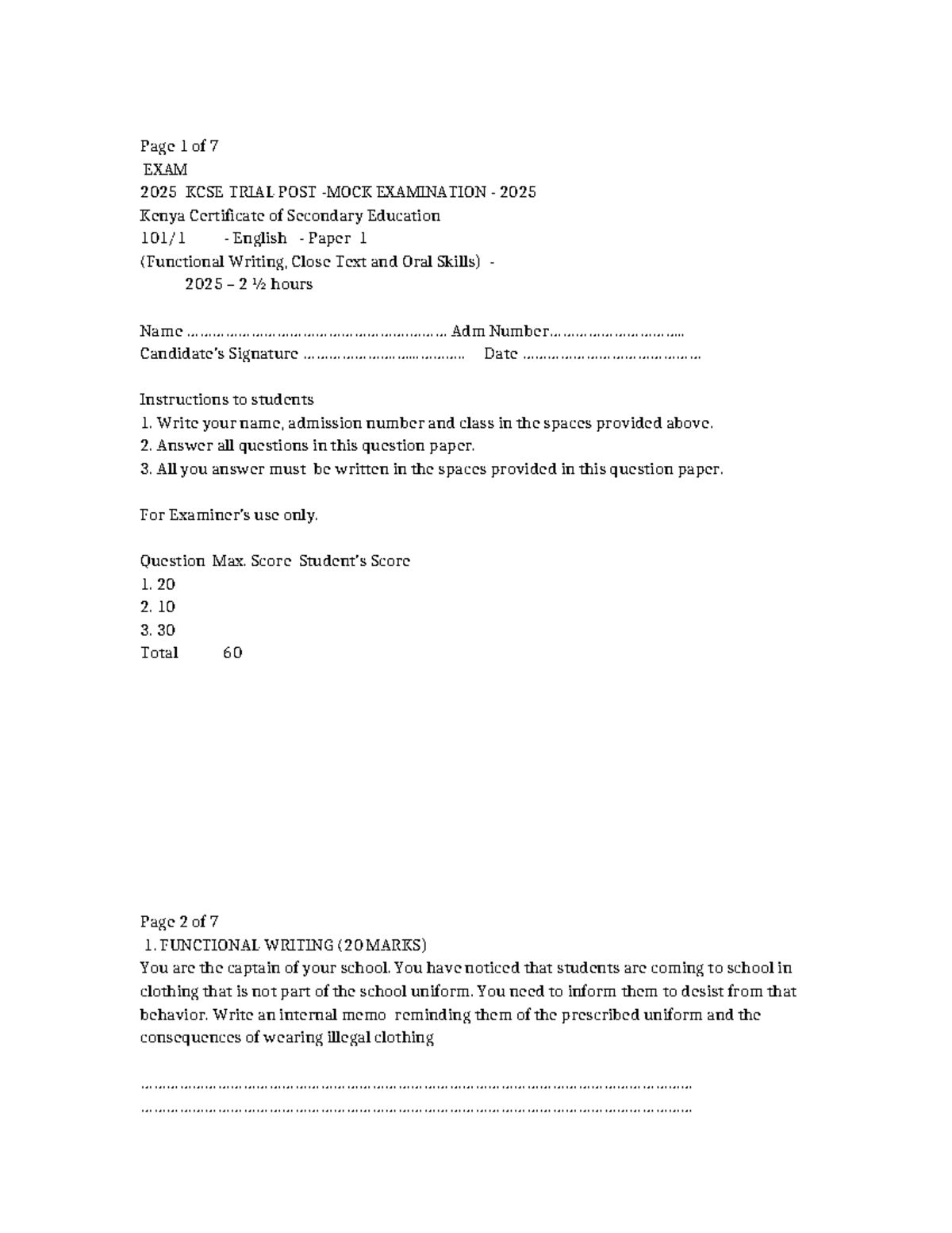 KCSE 2025 English Paper 1 & 3 Trial Exam Revision Questions - Studocu