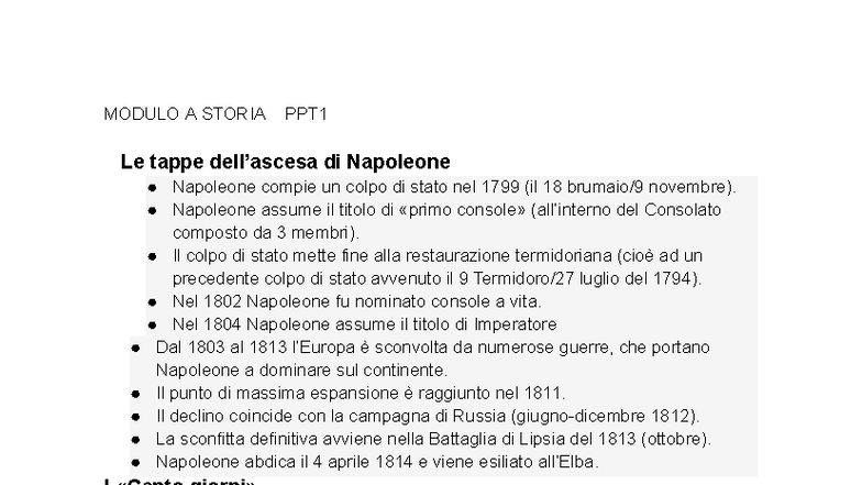 Modulo A Storia - Appunti su Napoleone e le Rivoluzioni Europee - Studocu