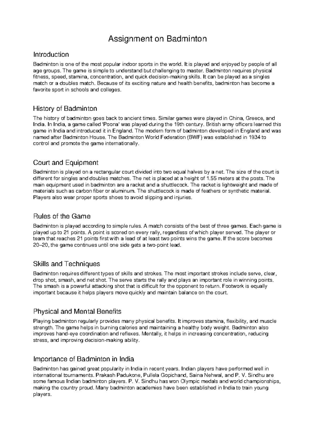 Badminton Introduction & Overview: Full Assignment Guide - Studocu