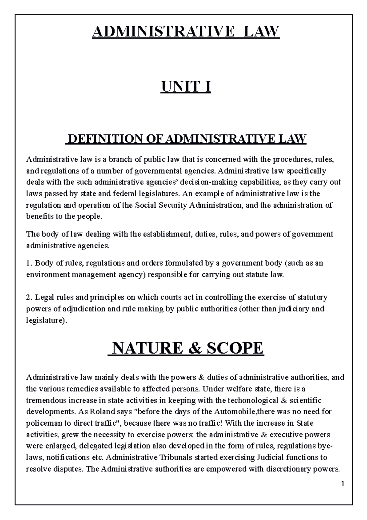 Notes Admin LAW - ADMINISTRATIVE LAW UNIT I DEFINITION OF ...