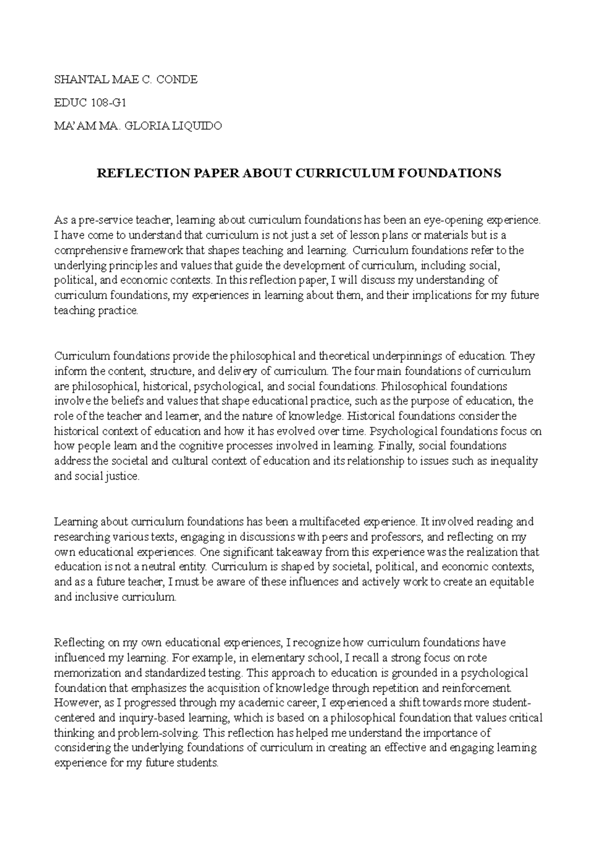 Reflection Paper: Understanding Curriculum Foundations in EDUC 108-G ...