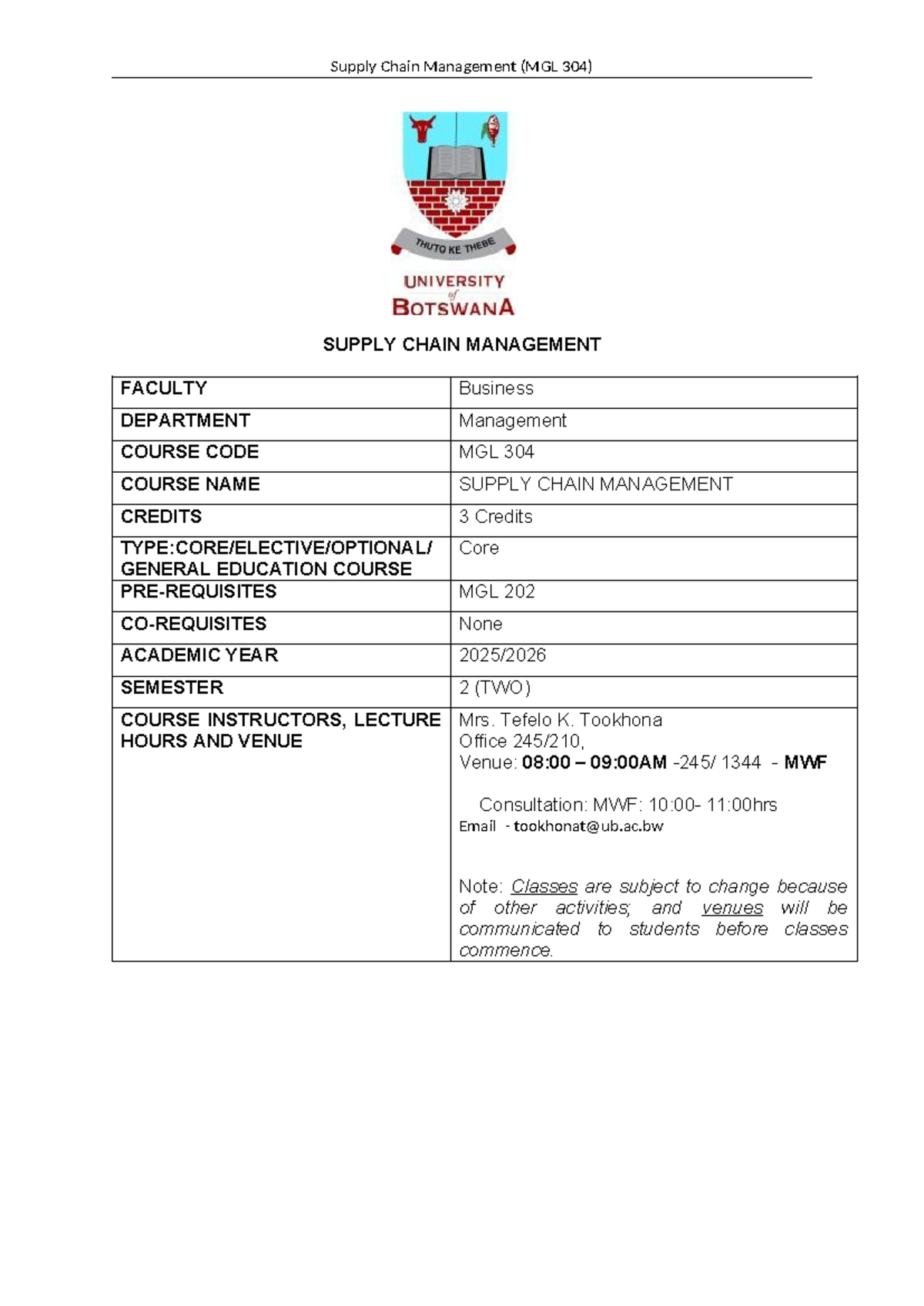 Course Outline for Supply Chain Management (MGL 304) - Studocu