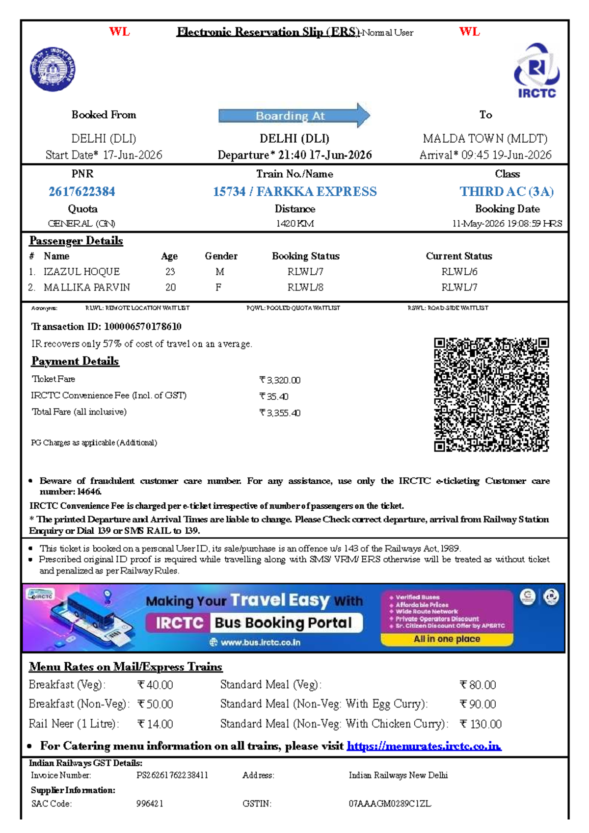 WL DLI to MLDT Ticket Reservation Details - FARKKA EXPRESS - Studocu