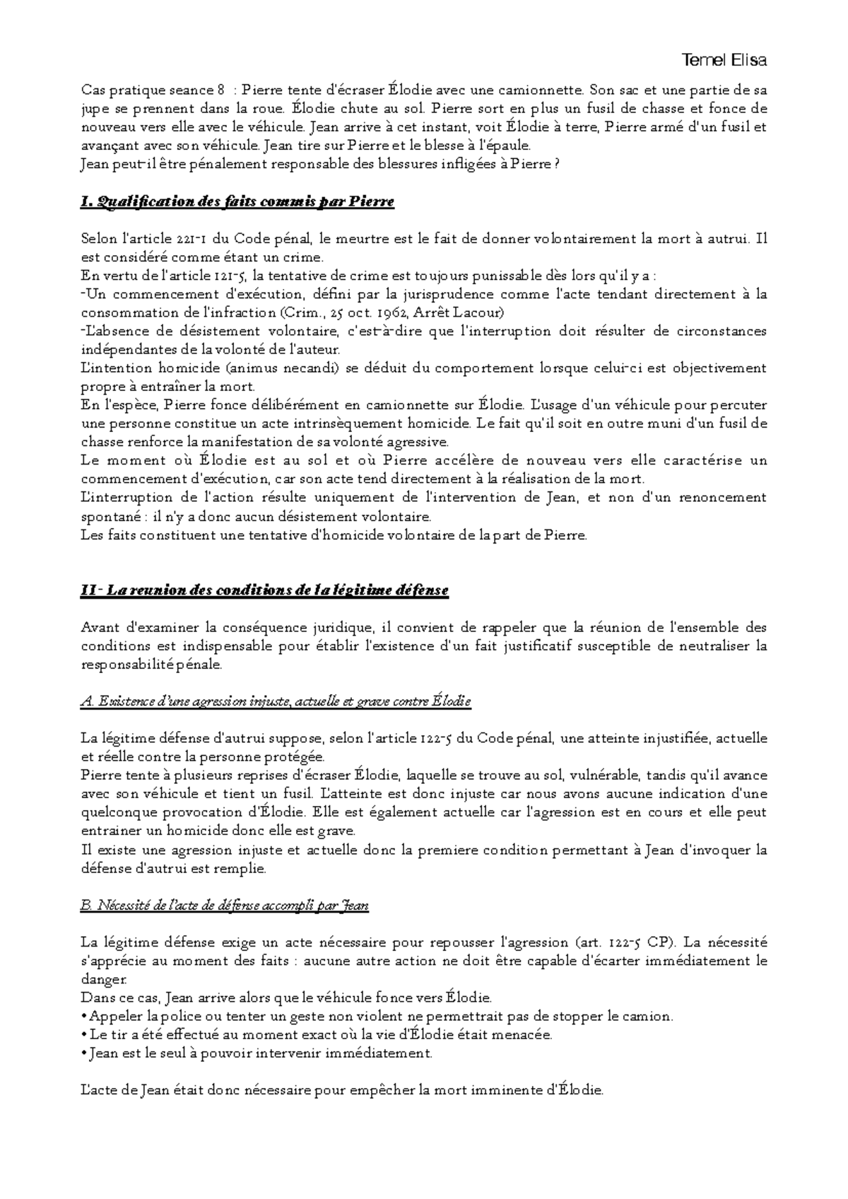 Cas Pratique Séance 8 : Légitime Défense et Tentative de Meurtre - Studocu