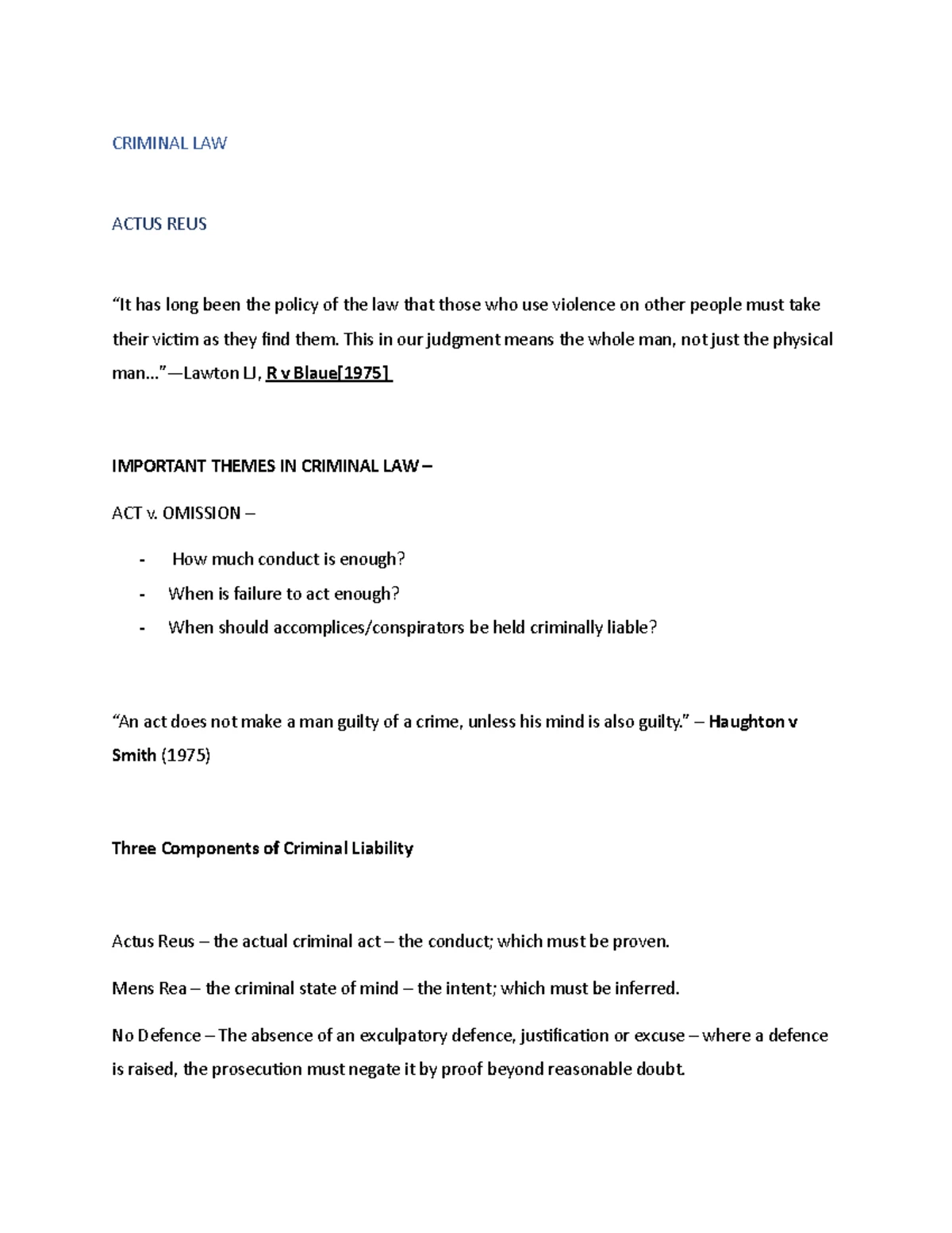 UWI - Criminal Law 1 - Case Summaries - Criminal law 1 Case Summaries ...