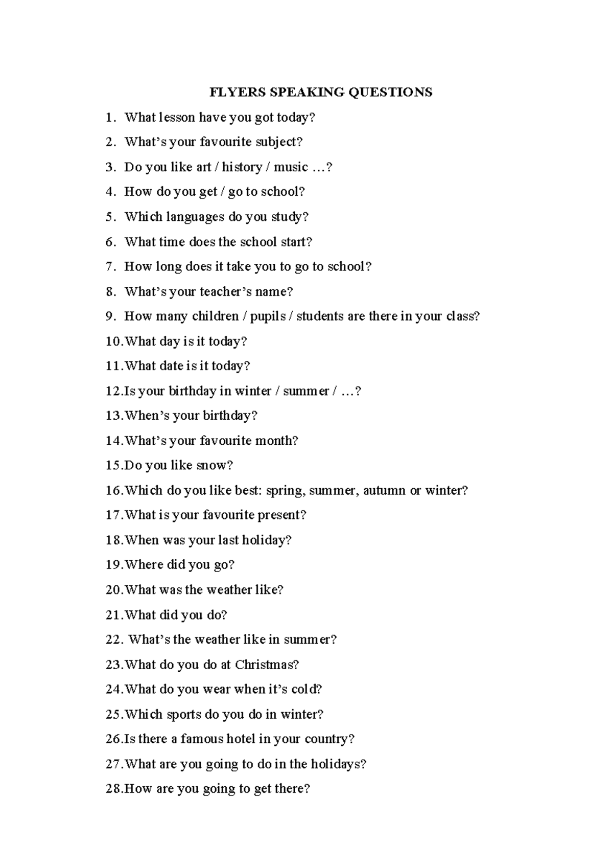 FLYERS Speaking Questions for English Practice - Studocu