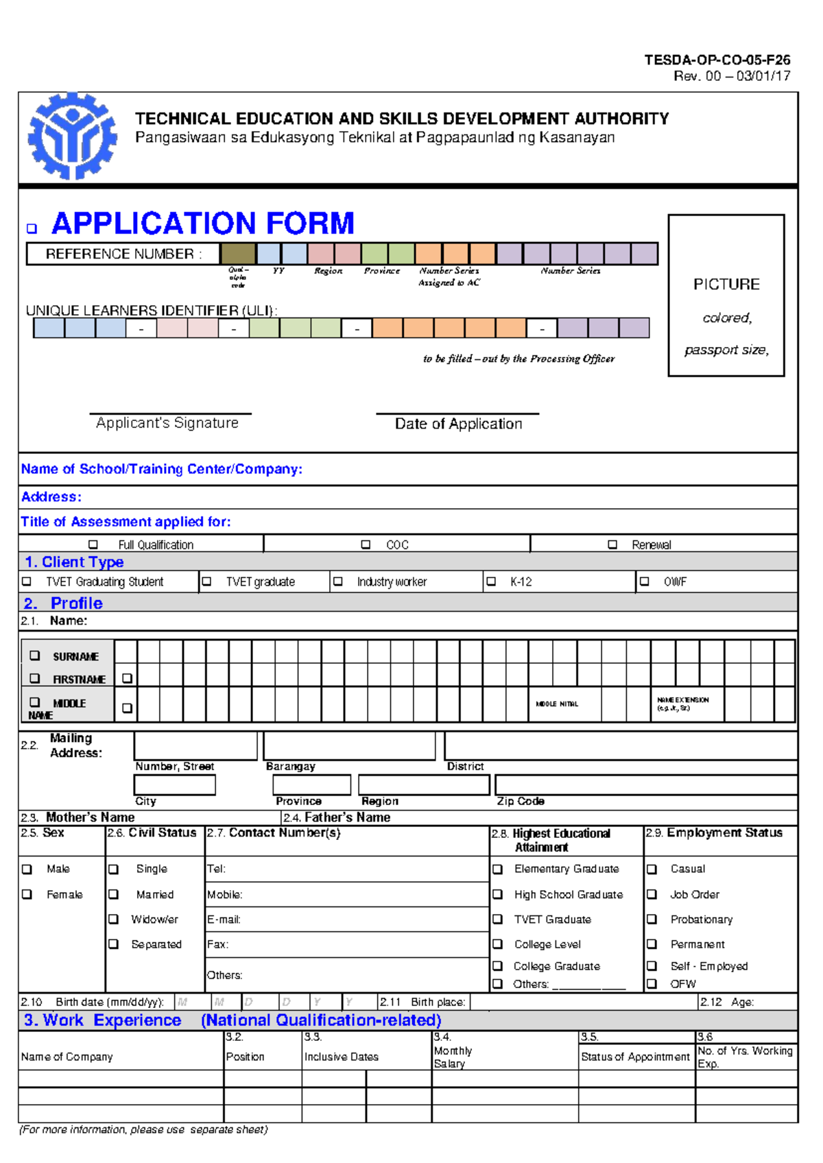 Application Form for Technical Education and Skills Development ...