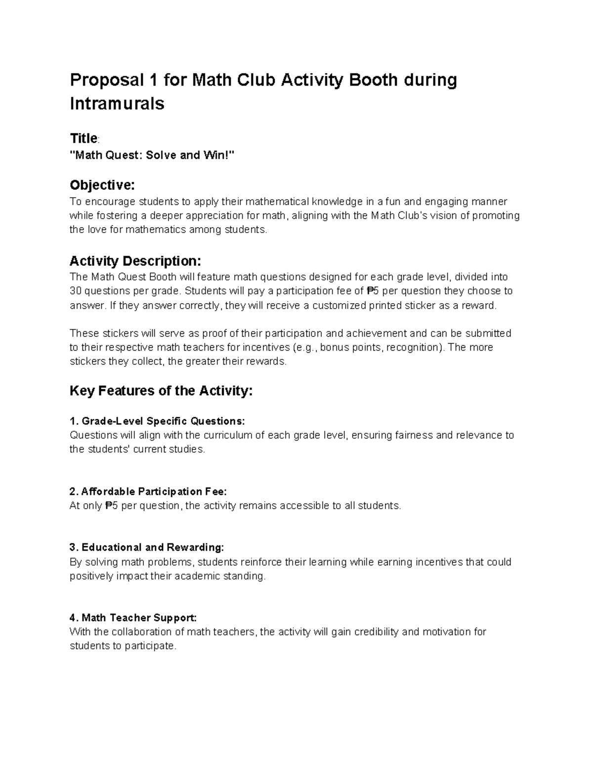 Proposal for Math Club Activity Booth: "Math Quest: Solve and Win ...