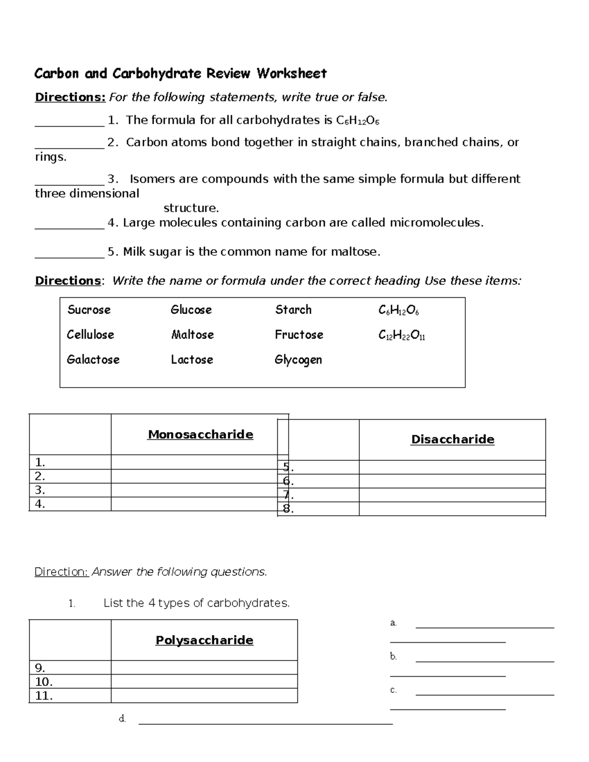 Carbon and Carbohydrate Review Worksheet 1 - Carbon and Carbohydrate ...
