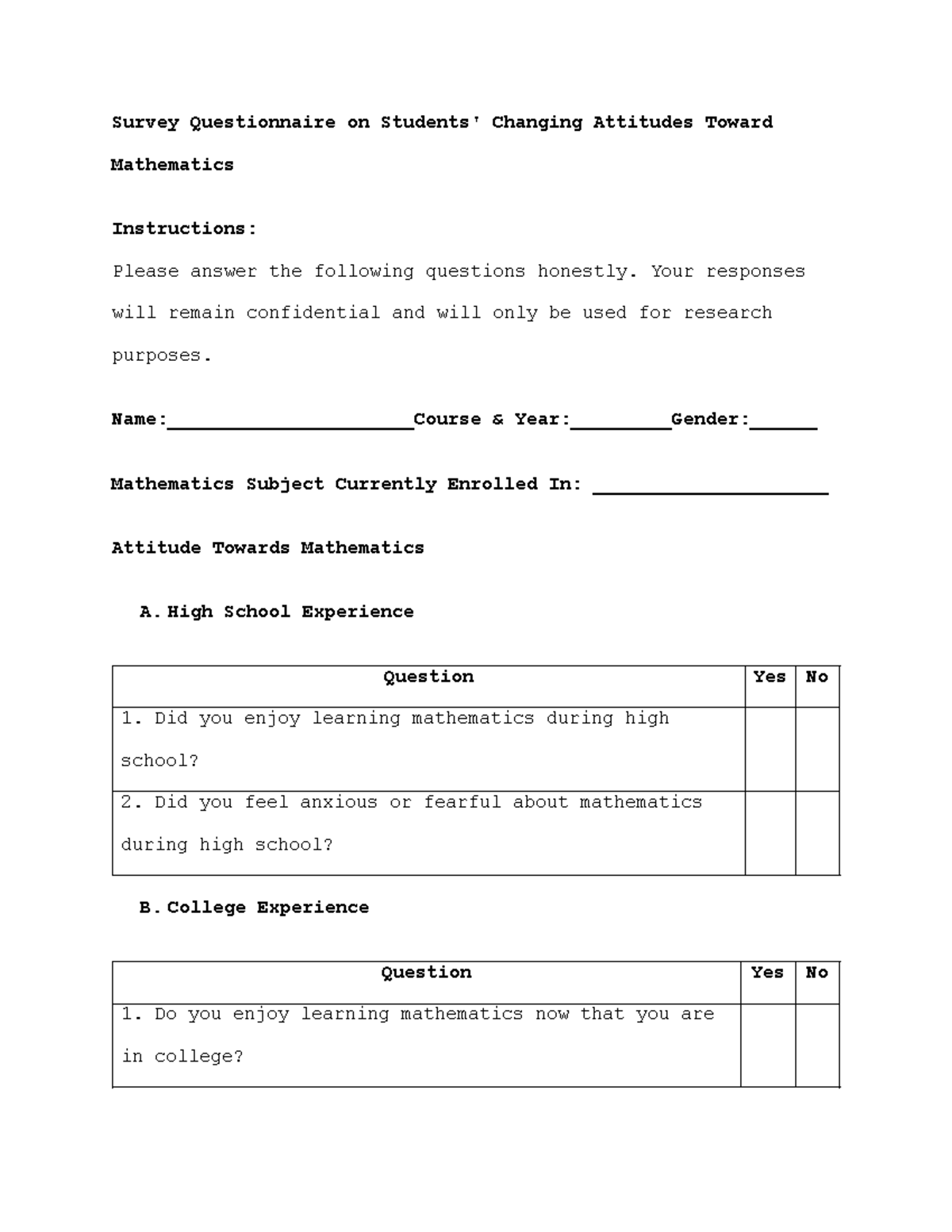 Survey Questionnaire: Changing Attitudes Toward Math Education - Studocu