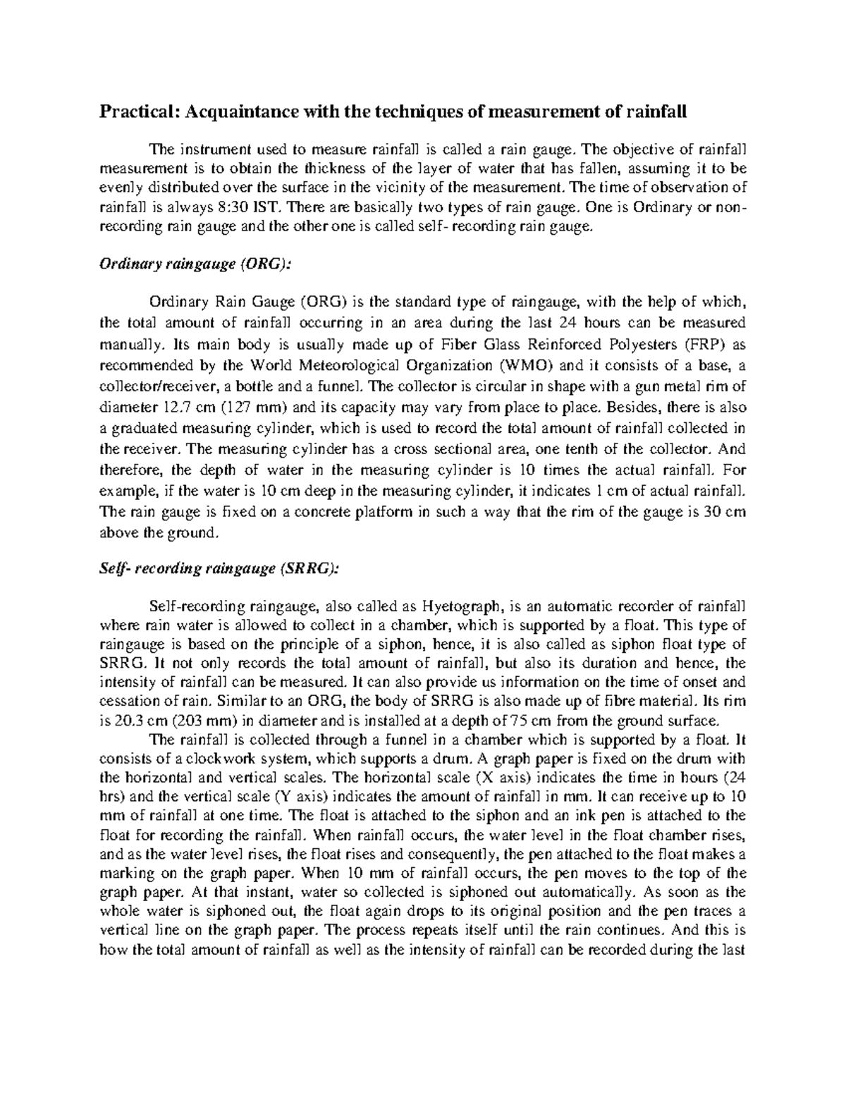 Practical Techniques for Measuring Rainfall: ORG & SRRG Methods - Studocu