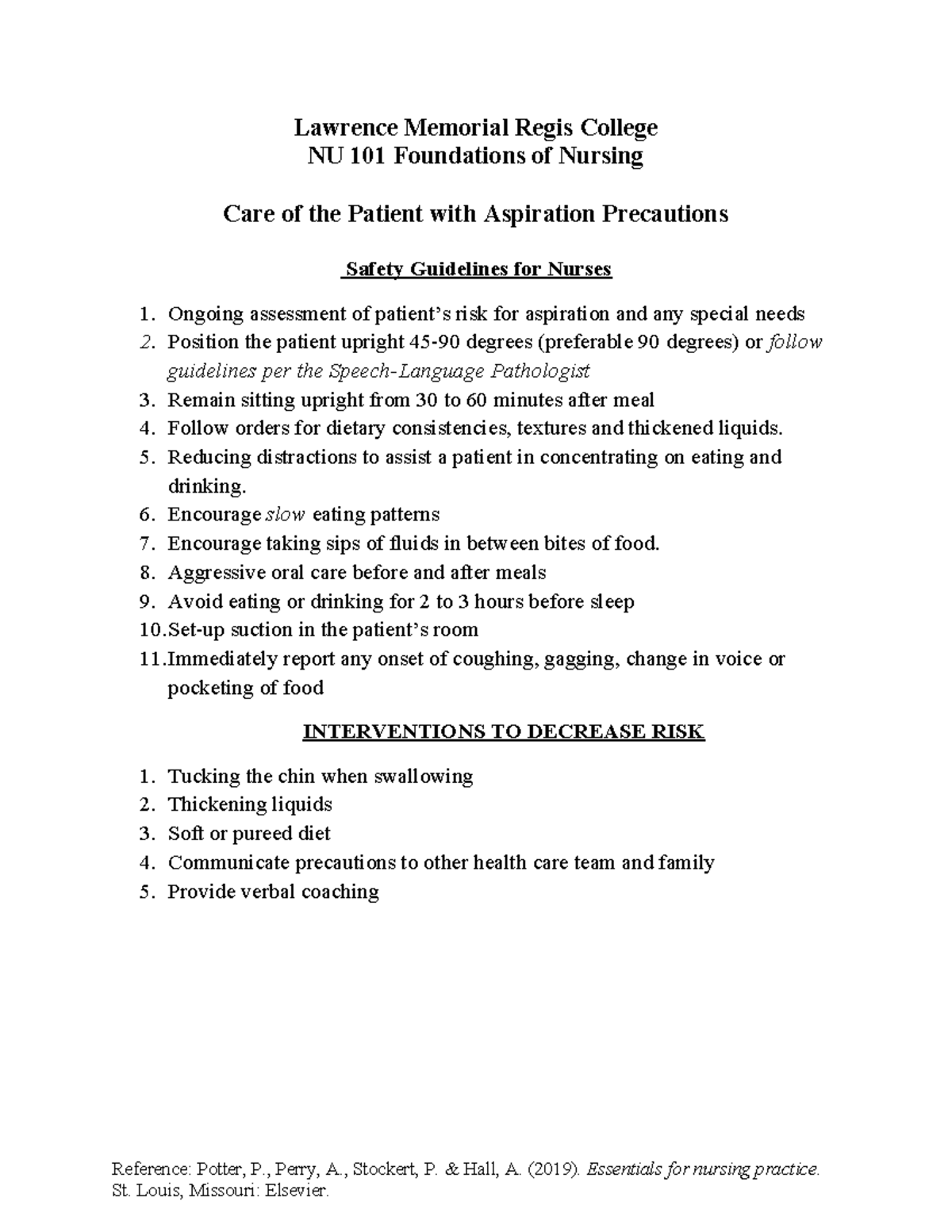 NU 101 Final Exam: Aspiration Precautions Safety Guidelines for Nurses ...