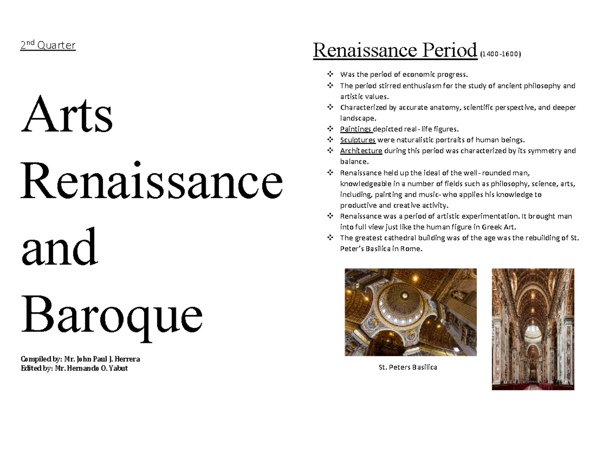 ARTS 101: Renaissance and Baroque Overview and Key Artists - Studocu