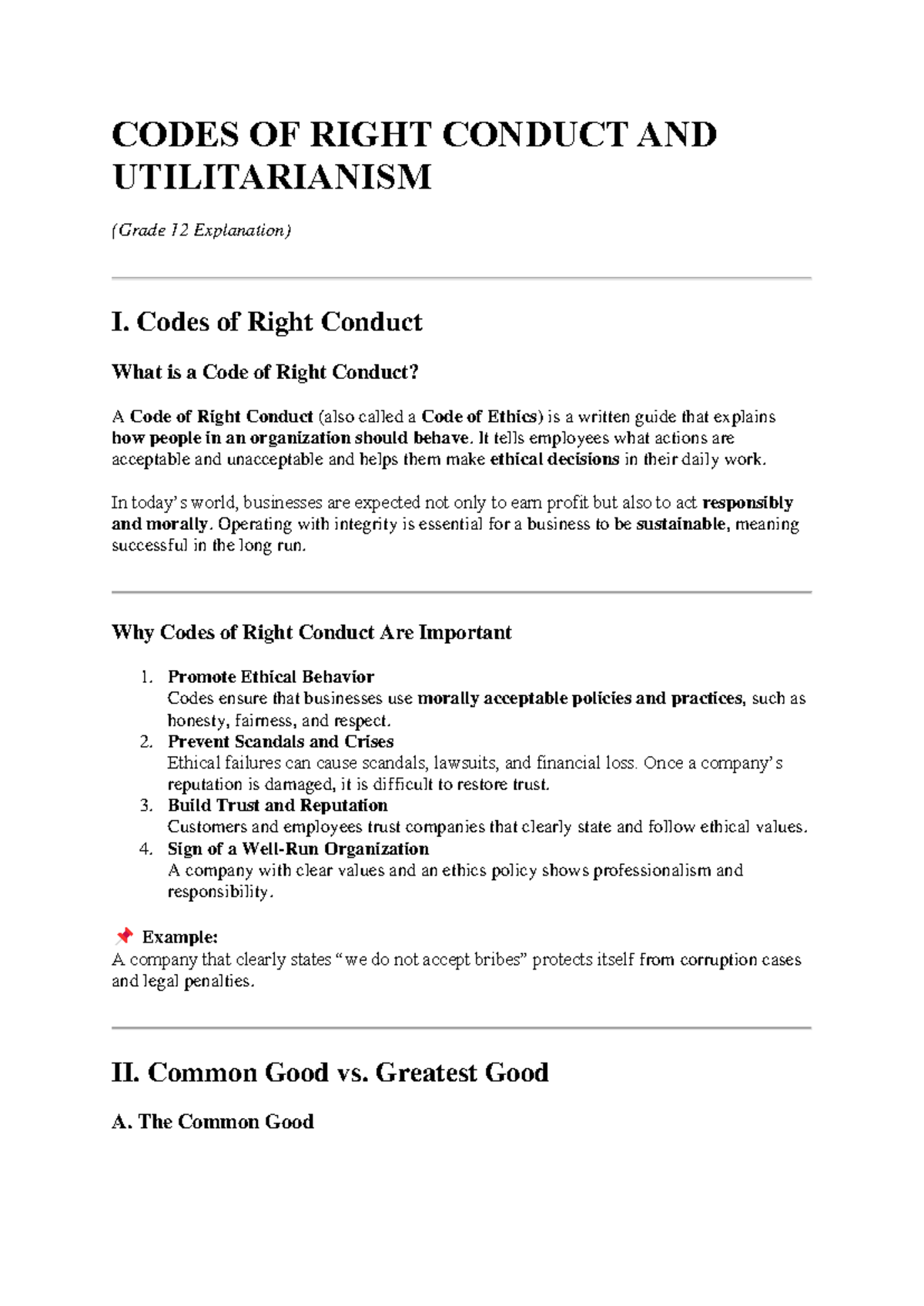 Codes of Right Conduct and Utilitarianism (Grade 12 Overview) - Studocu