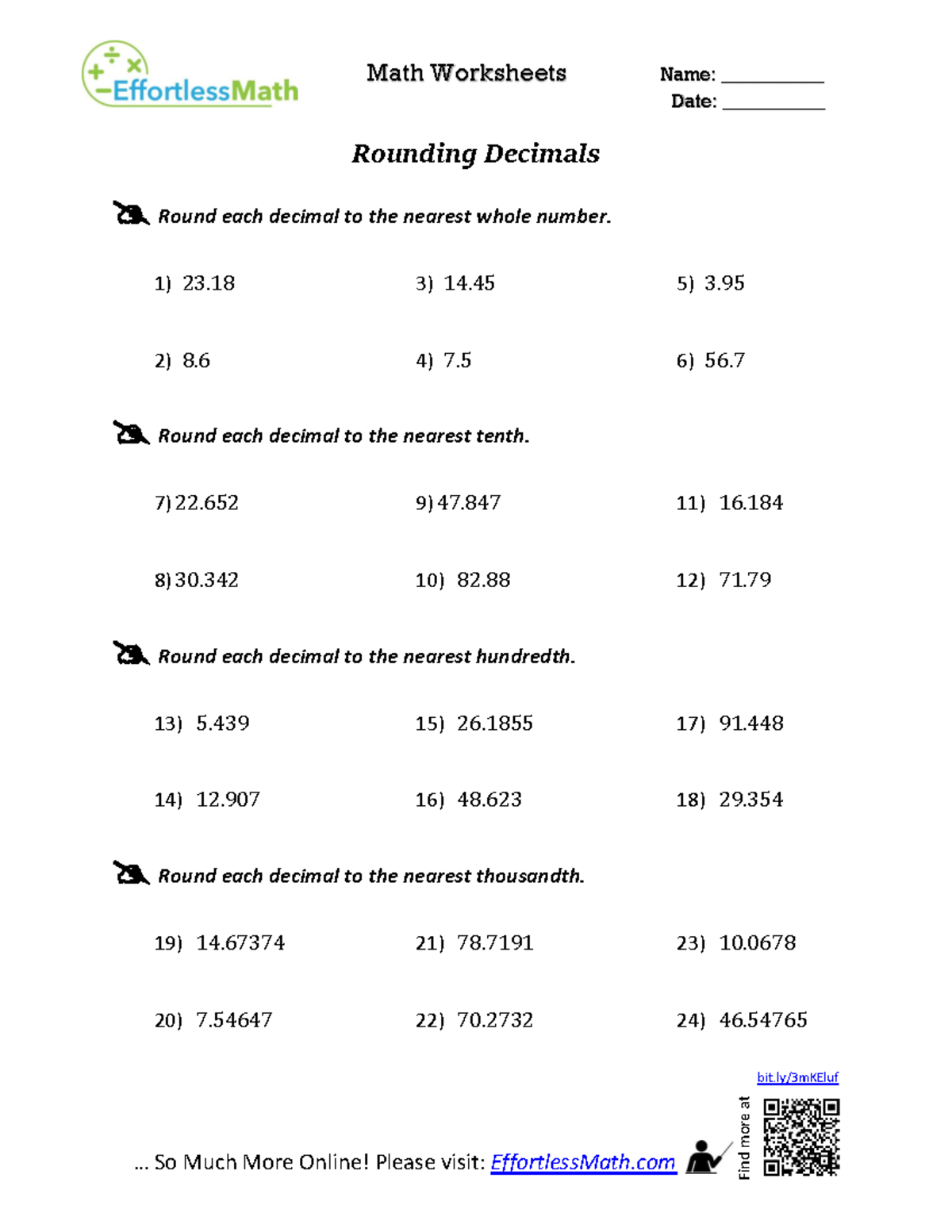 Rounding-Decimals - Practicee - Math Worksheets Name: ___________ Date ...
