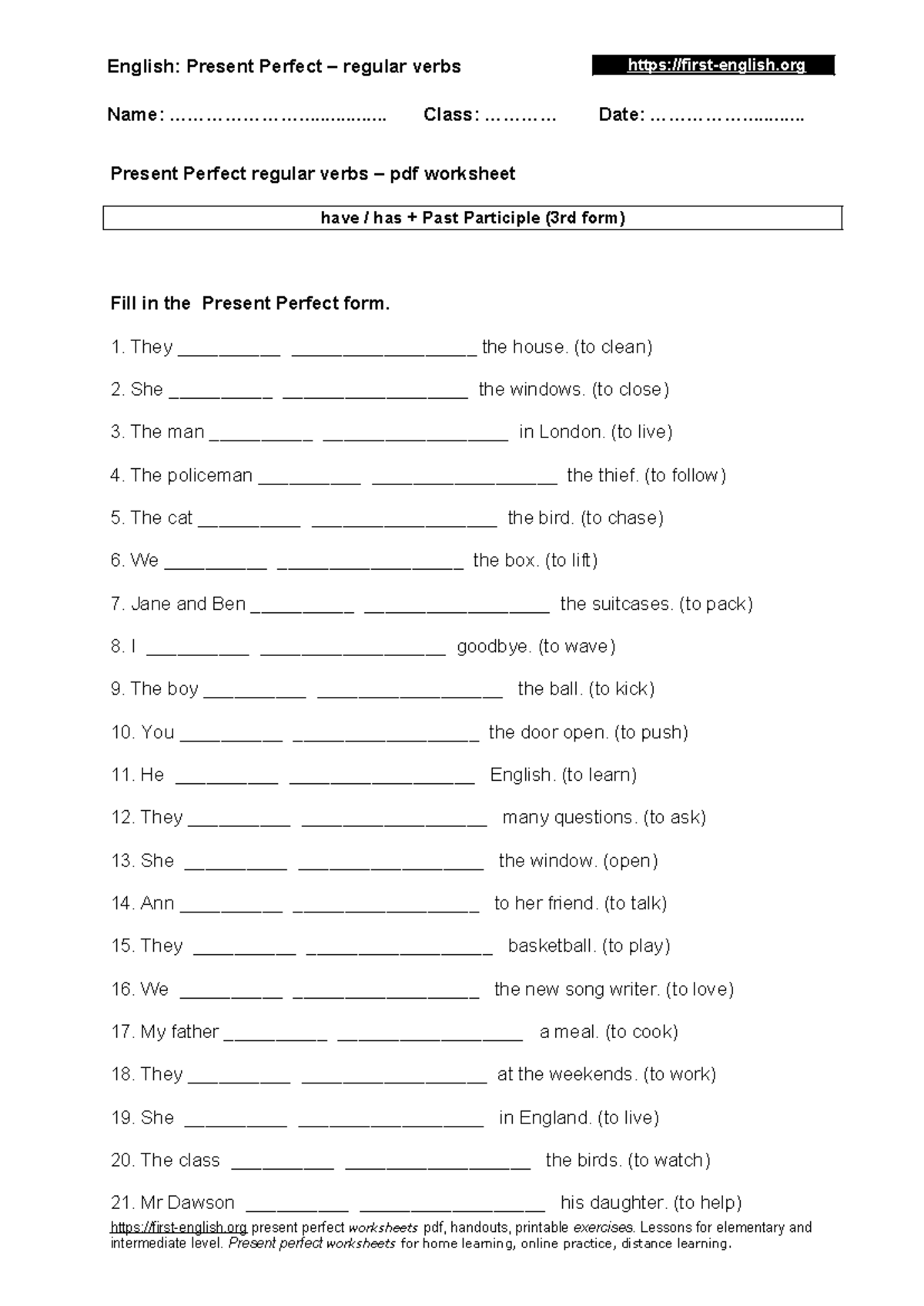 ENG 004: Present Perfect Regular Verbs Worksheet - Studocu