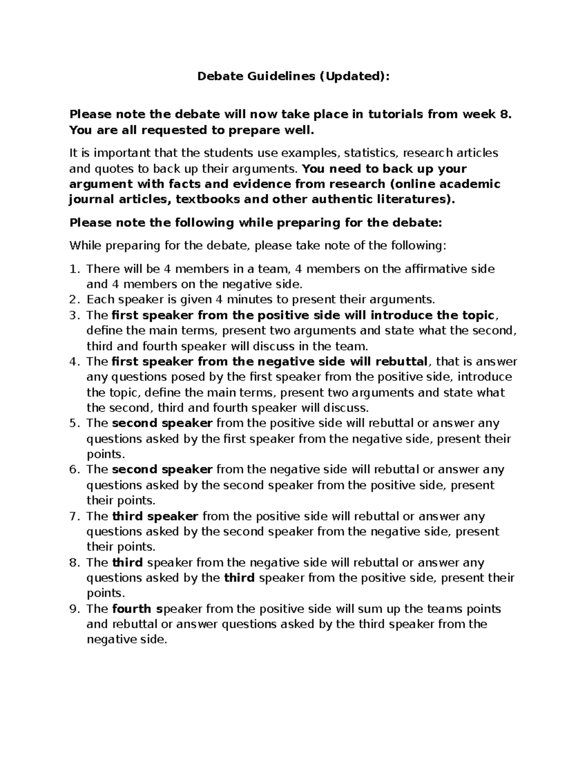 Debate Guidelines (Updated) for Tutorials - Week 8 Preparation - Studocu