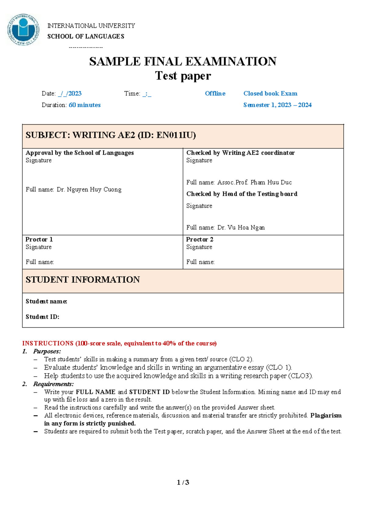 AE2 Writing Final Exam Sample Test (2324S2) - Practice Paper - Studocu