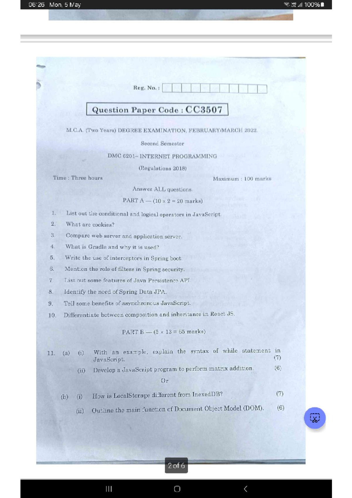 CC3507 M.C.A. 2nd Sem Exam 2022: Internet Programming QP - Studocu