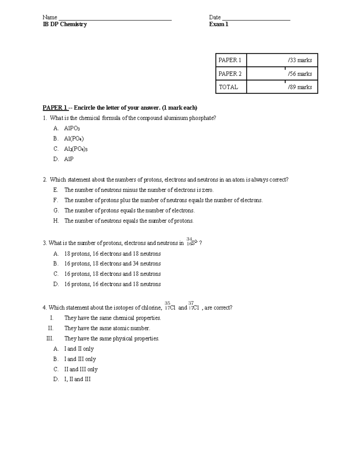 IB DP Chemistry Exam 1 - Detailed Review and Practice Problems - Studocu