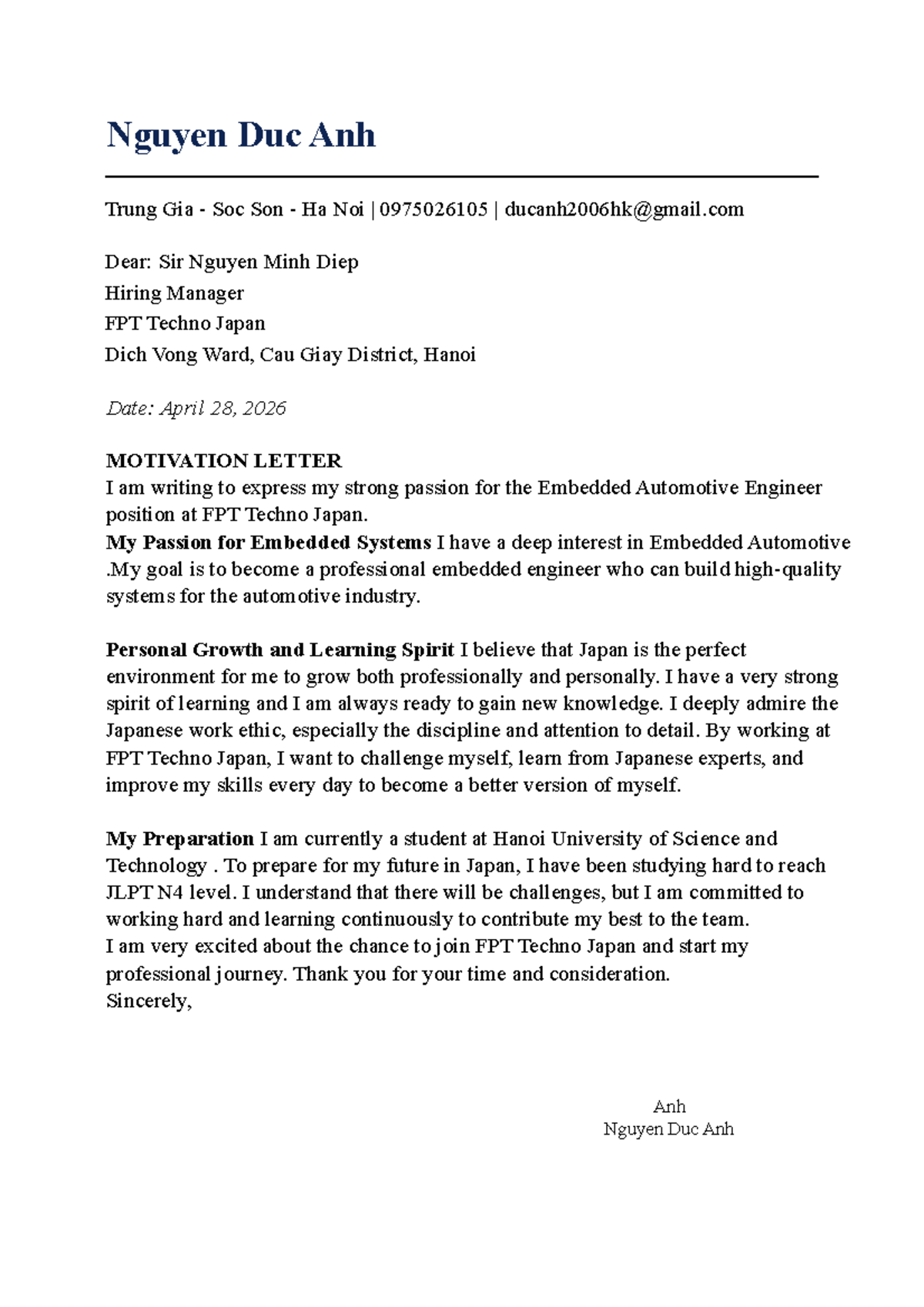 Motivation Letter for Embedded Automotive Engineer Position - Studocu