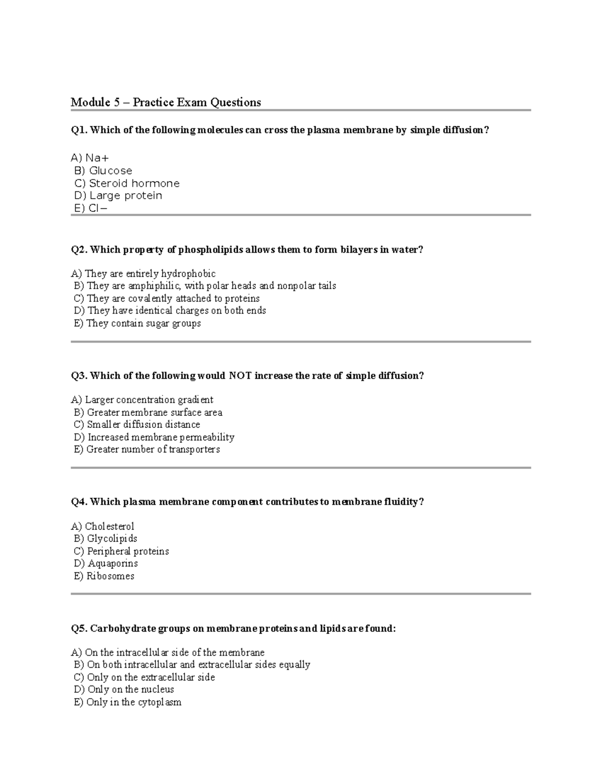 Module 5 – Practice Exam Questions on Membrane Transport - Studocu