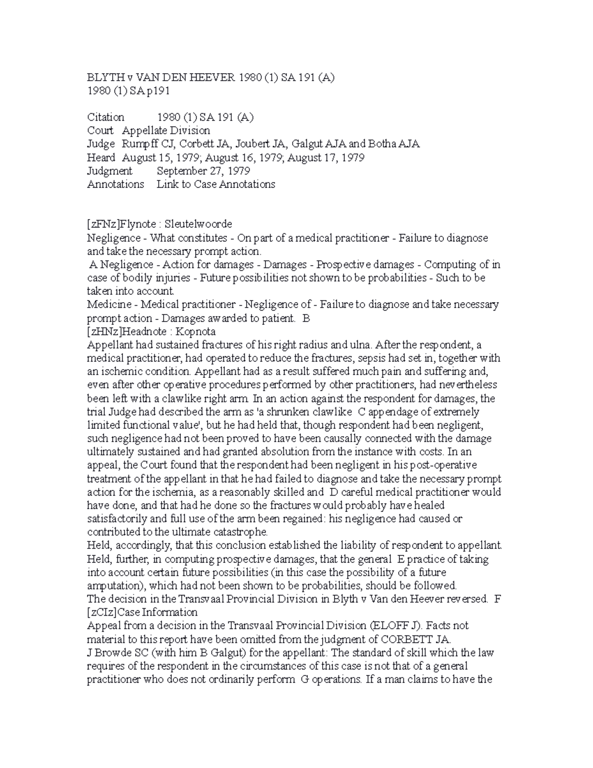 Blyth v Van den Heever 1980: Negligence of Medical Practitioner in ...