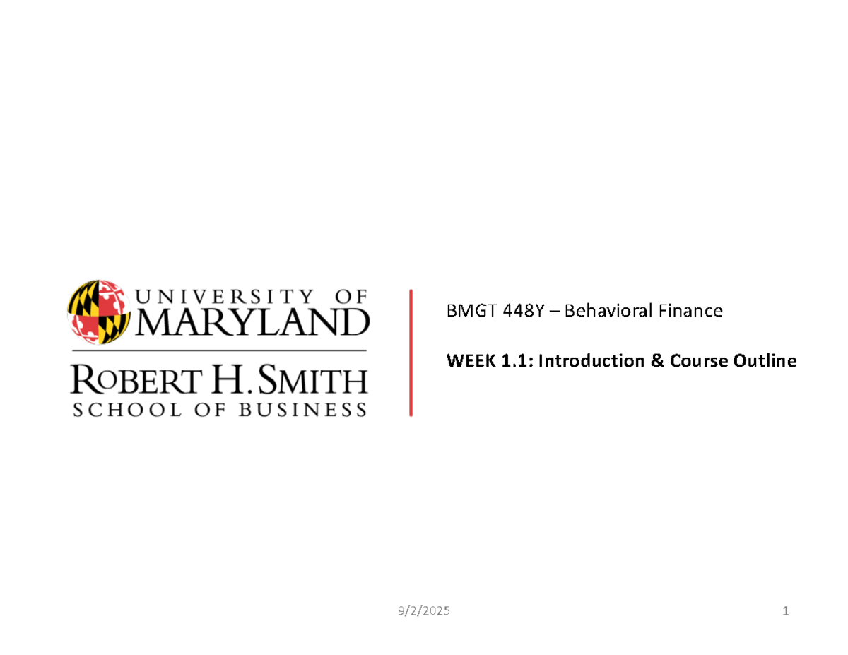 BMGT 448Y Behavioral Finance Course Outline & Week 1 Overview - Studocu